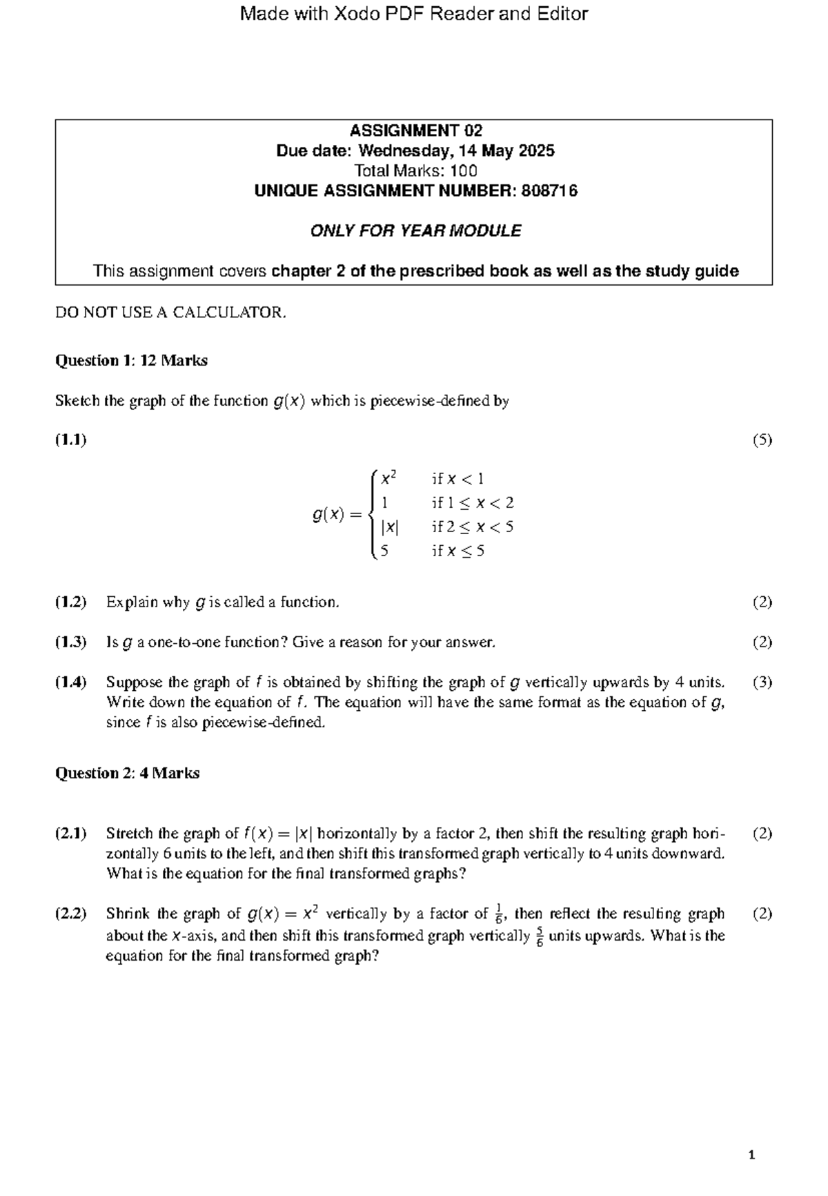 Assignment 02 (MATH101) - Functions and Graphs Analysis 2025 - Studocu