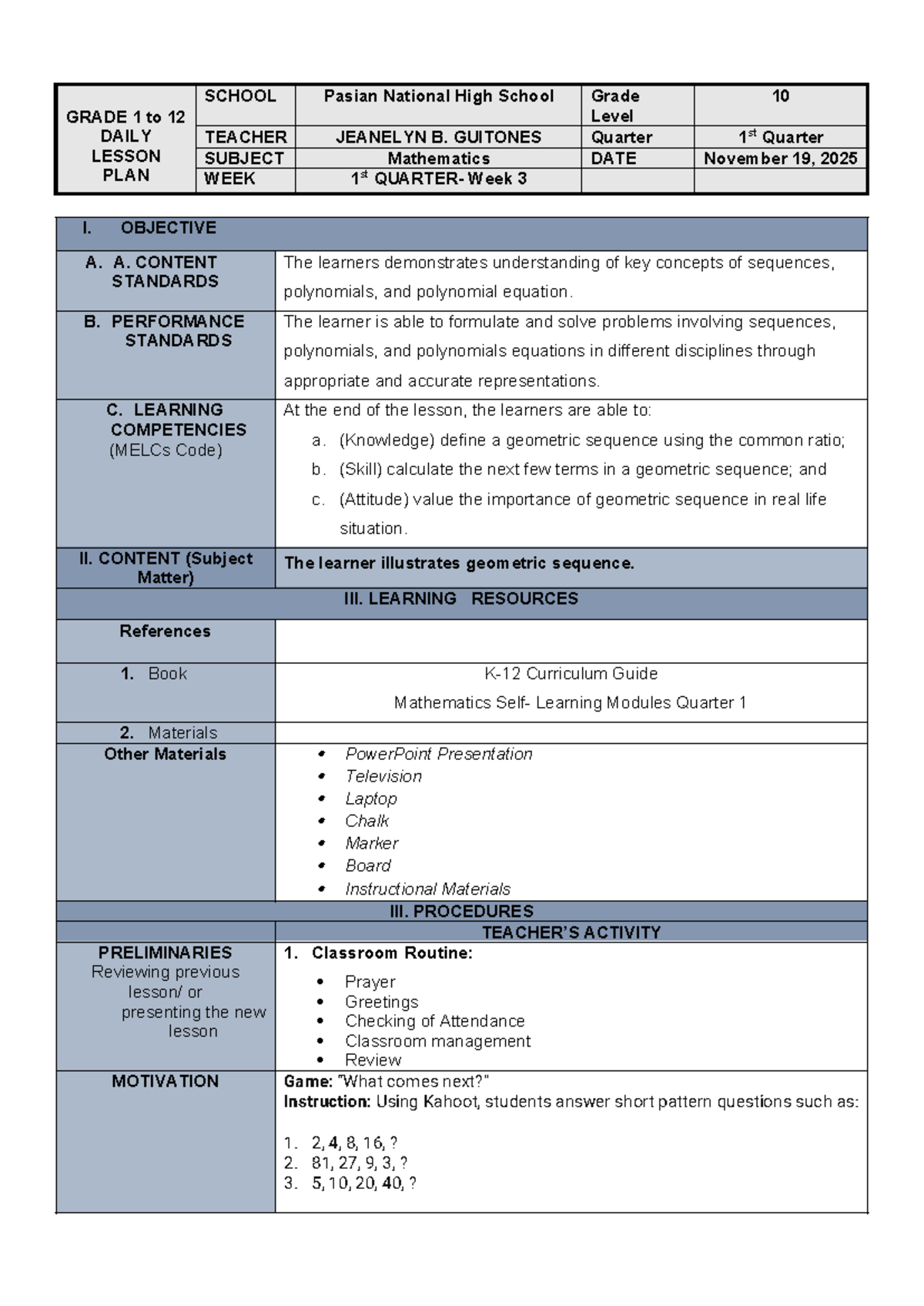 GRADE 1-12 MATH LESSON PLAN: GEOMETRIC SEQUENCES (1st Qtr) - Studocu