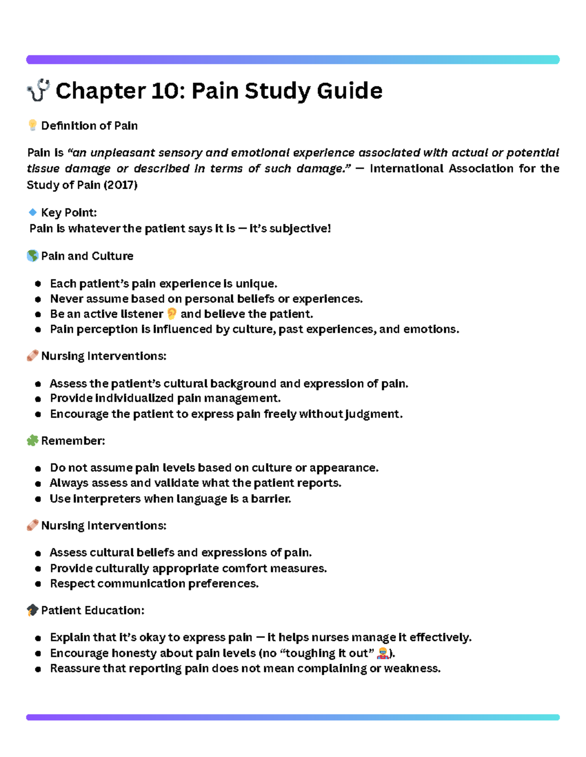 Chapter 10: Pain Management Study Guide (NURS 101) - Studocu