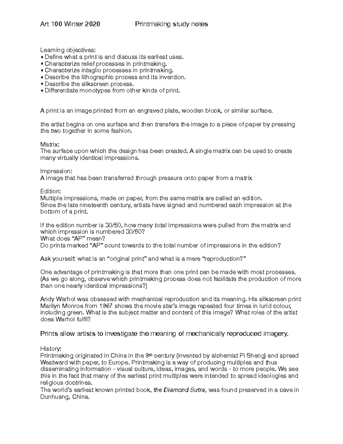 Printmaking - study notes - Learning objectives: • Define what a print ...