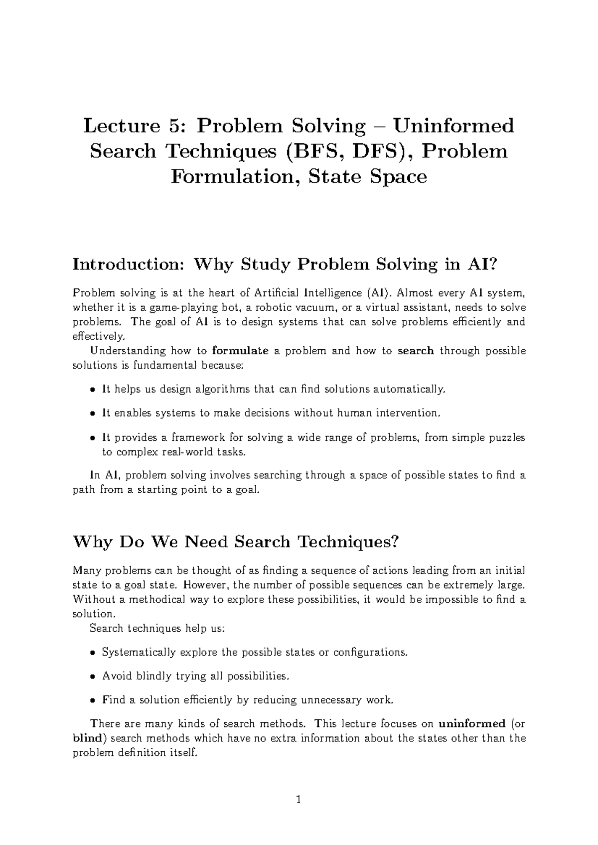 AI Lecture 5: Uninformed Search Techniques (BFS, DFS) Overview - Studocu