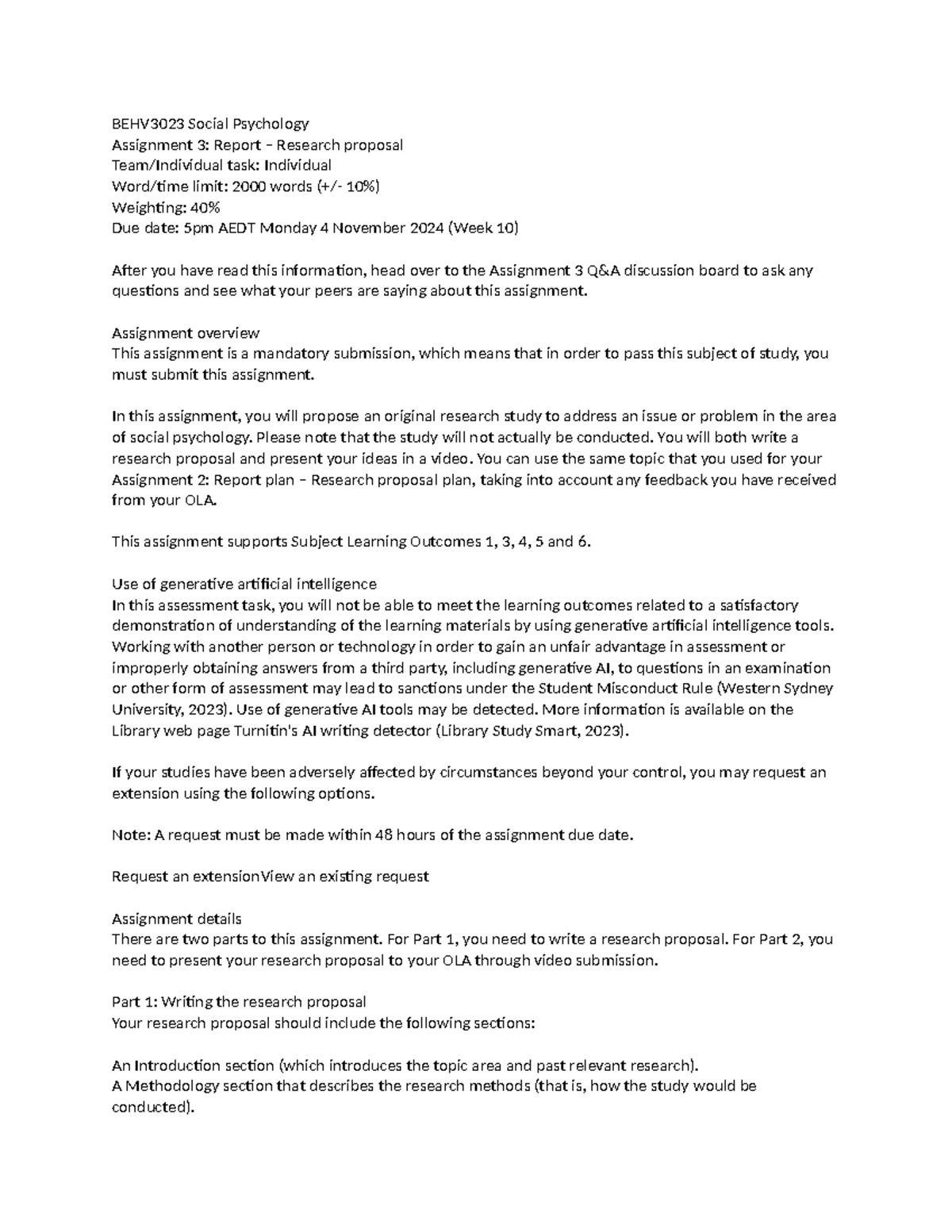 BEHV3023 Assignment 3: Research Proposal in Social Psychology - Studocu