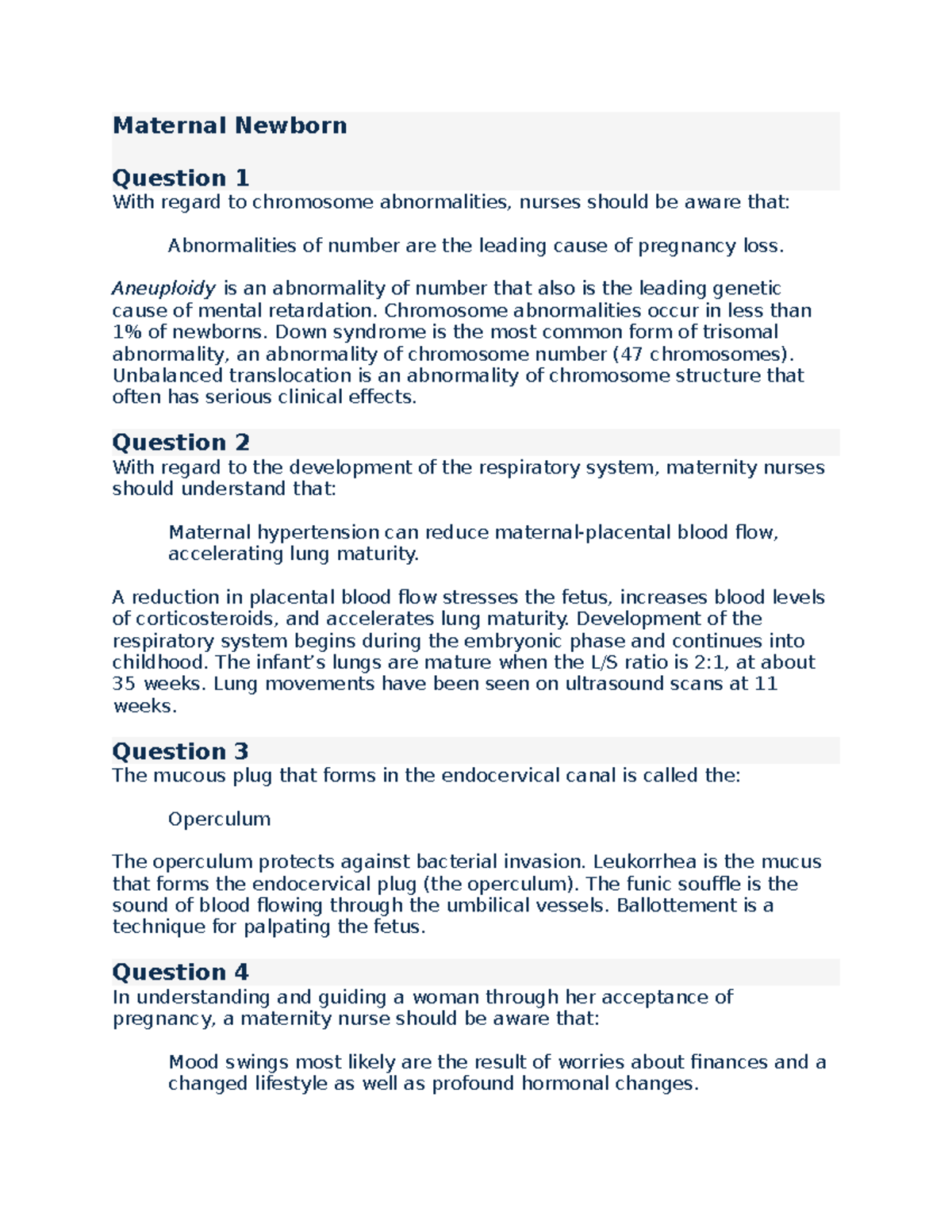Maternal Newborn Nursing Quiz 1: Key Concepts and Questions - Studocu