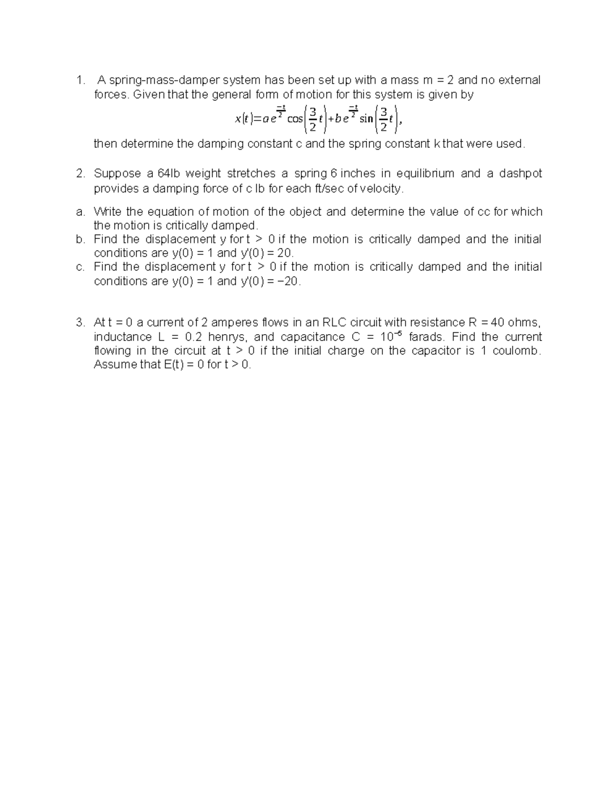 Problem-Set-Second-Order-DE-Application - A spring-mass-damper system ...