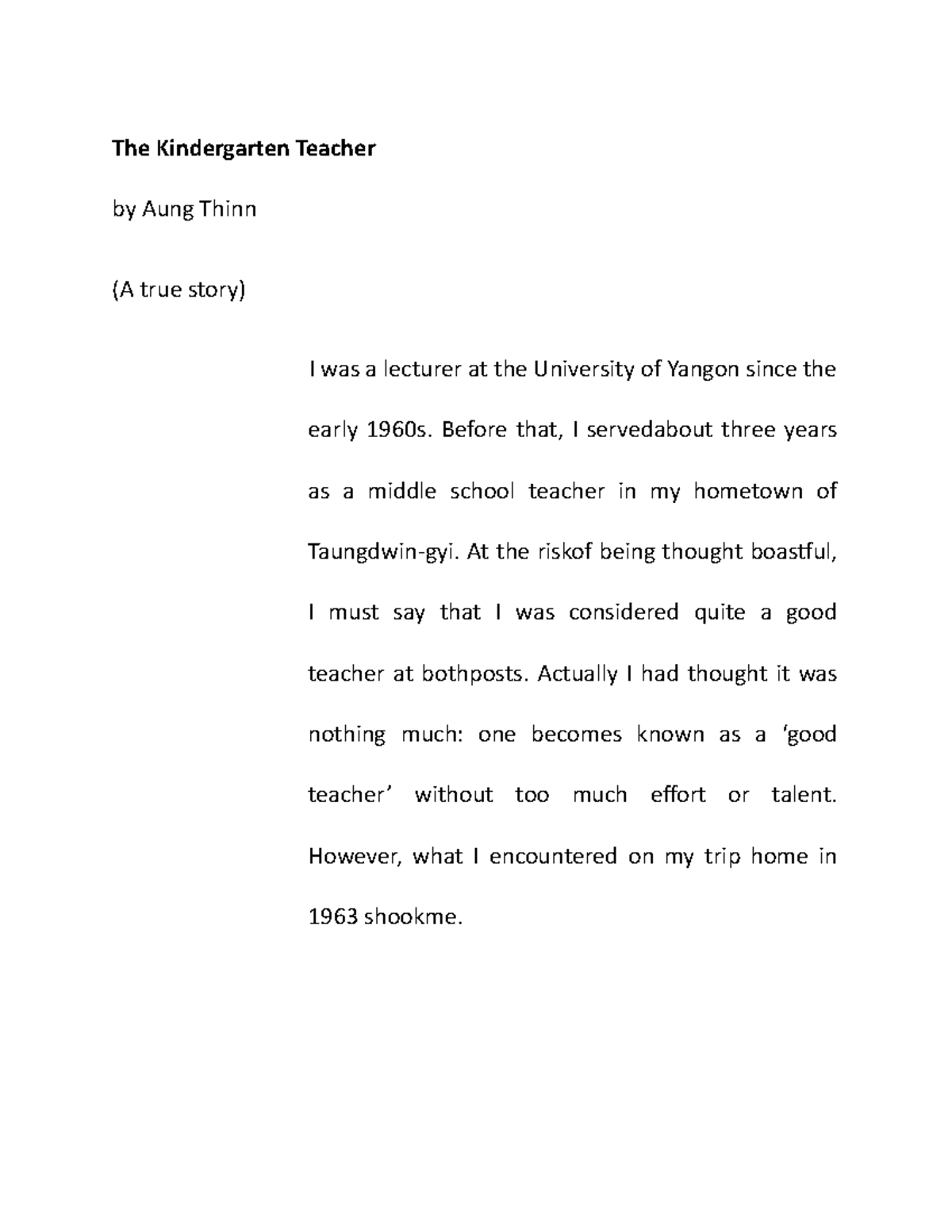 The Kindergarten Teacher: A Reflective Journey by Aung Thinn - Studocu