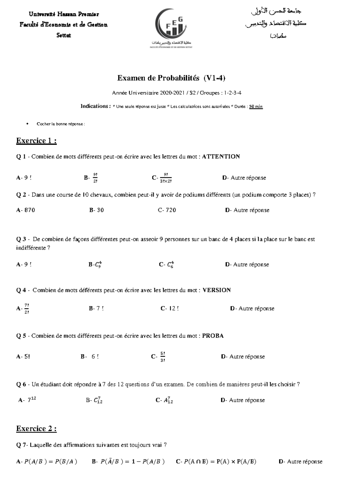 Examen de Probabilités 20-21 V1-4 - Questions et Indications - Studocu