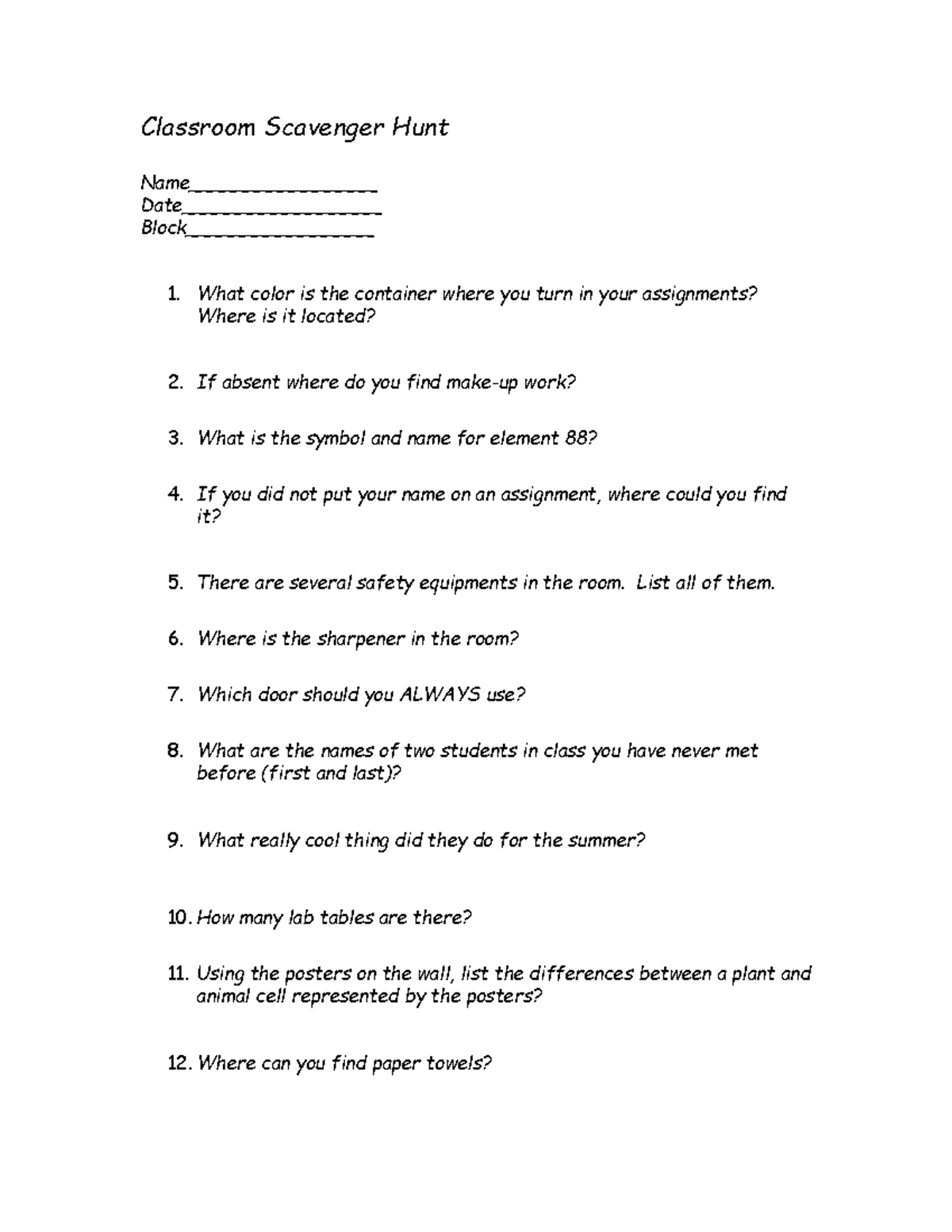 Classroom Scavenger Hunt: Exploring Our Learning Environment - Studocu