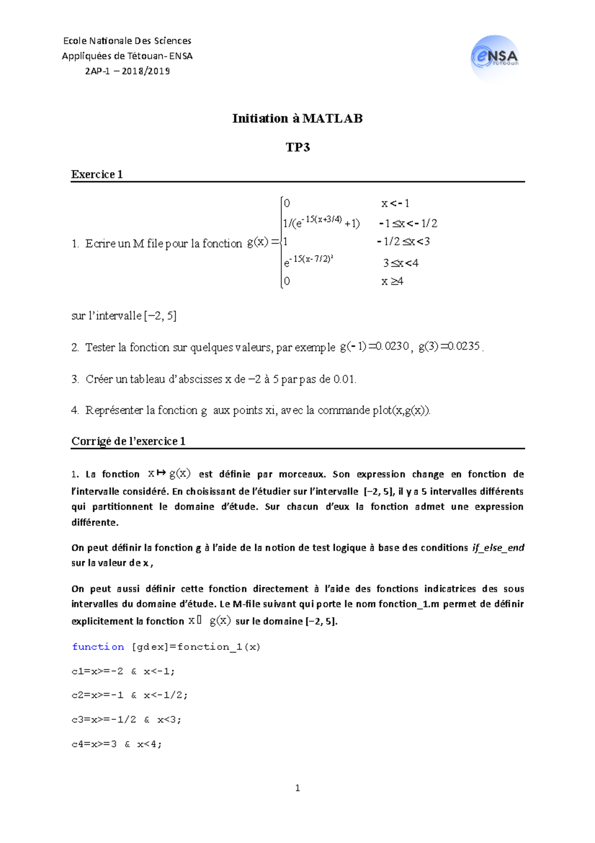Corrigé TP3 MATLAB - Appliquées de Tétouan 2AP-1, 2018 - Studocu