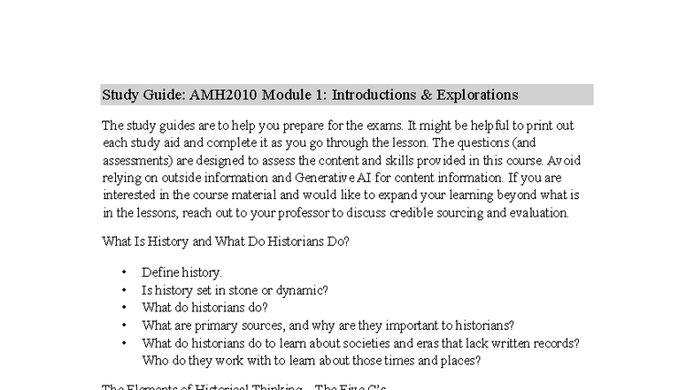 Study Guide: AMH2010 Module 1 - Introductions & Explorations - Studocu