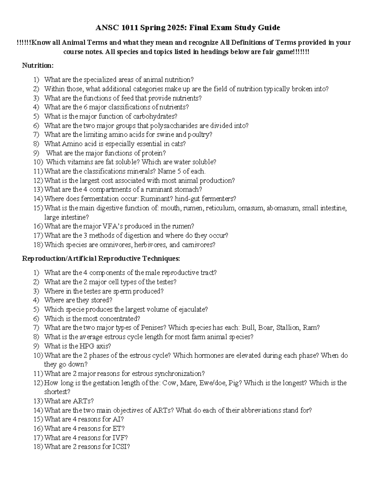 Blair ANSC 1011 Spring 2025 Final Exam Study Guide: Key Concepts Review ...