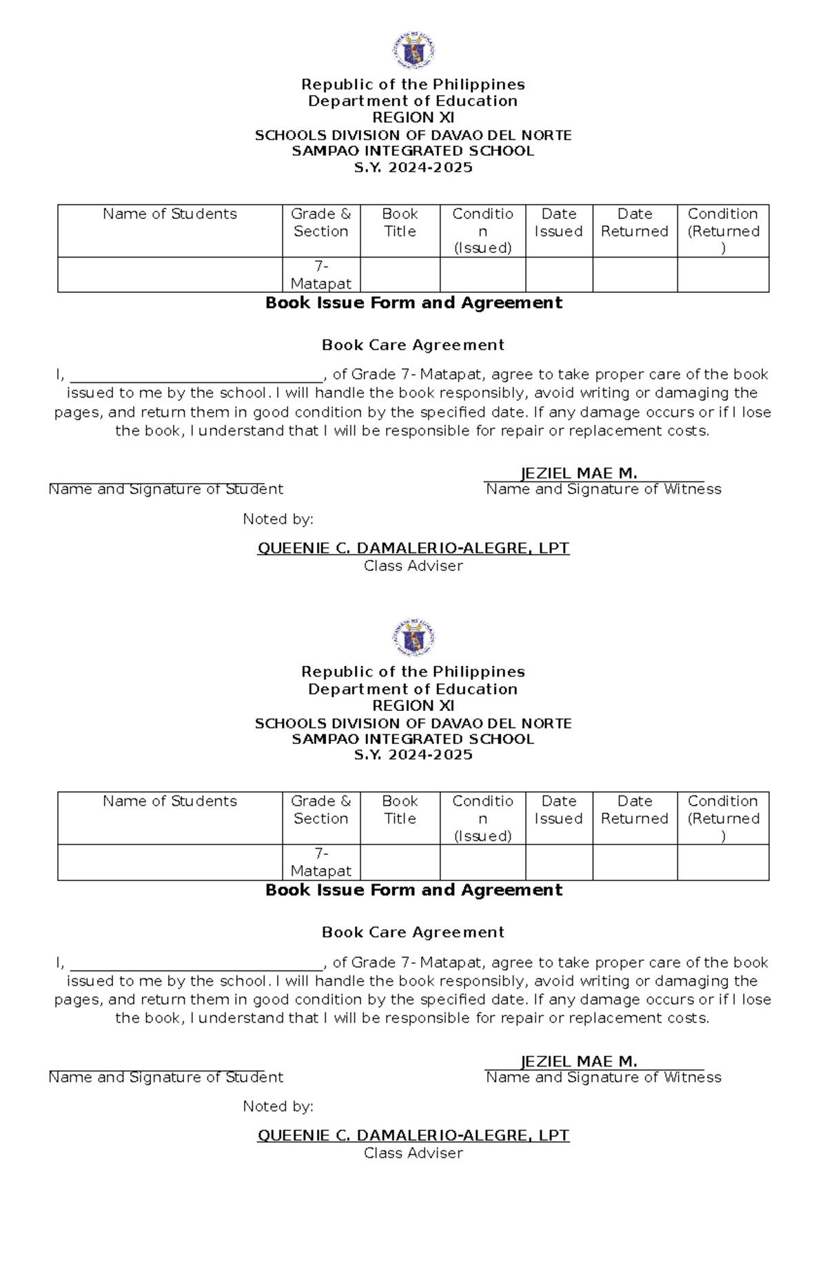 Book Issuance Agreement Form for Math 7 - Matapat Section - Studocu