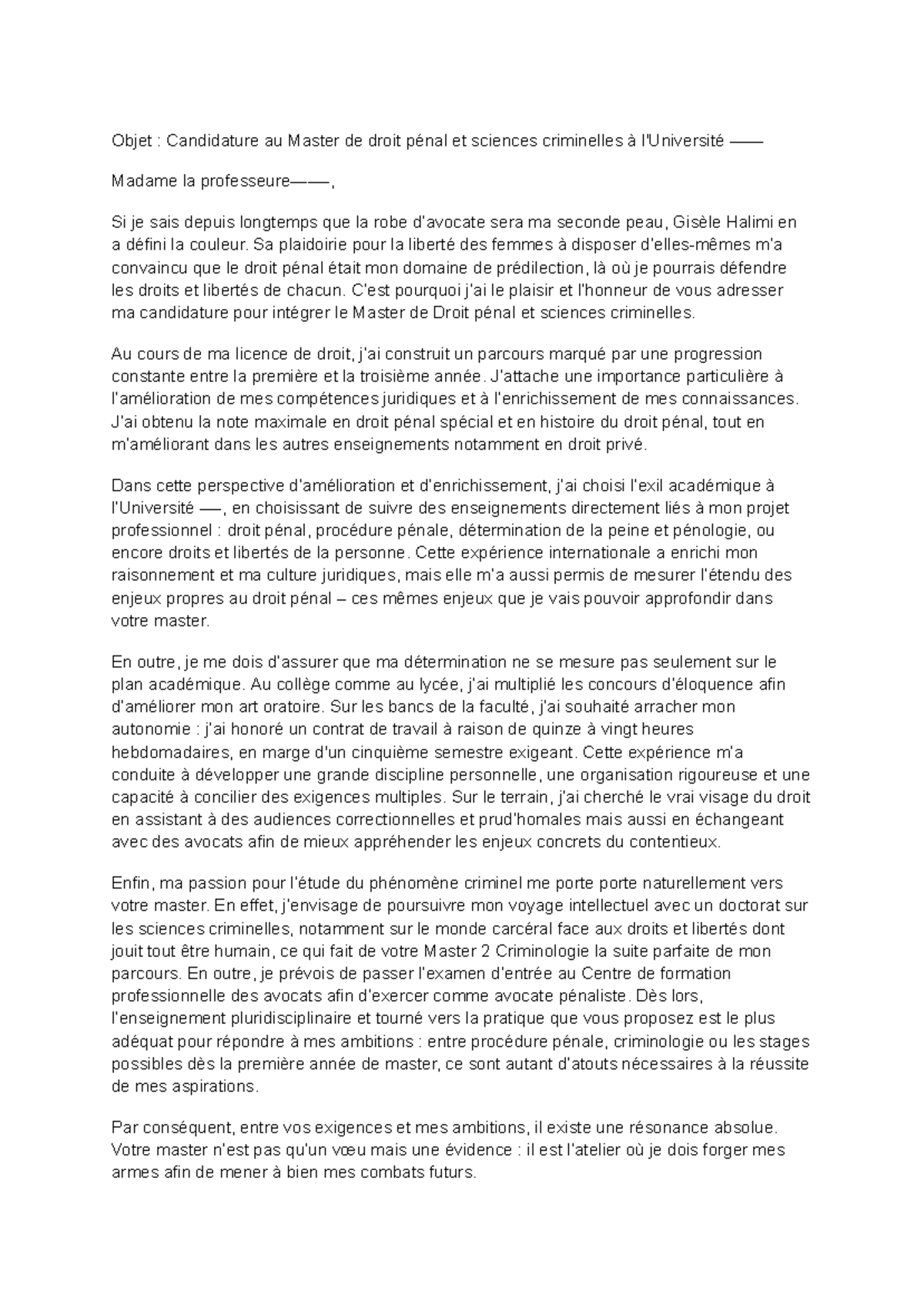 Lettre de Motivation pour le Master 2 Droit Pénal et Sciences ...