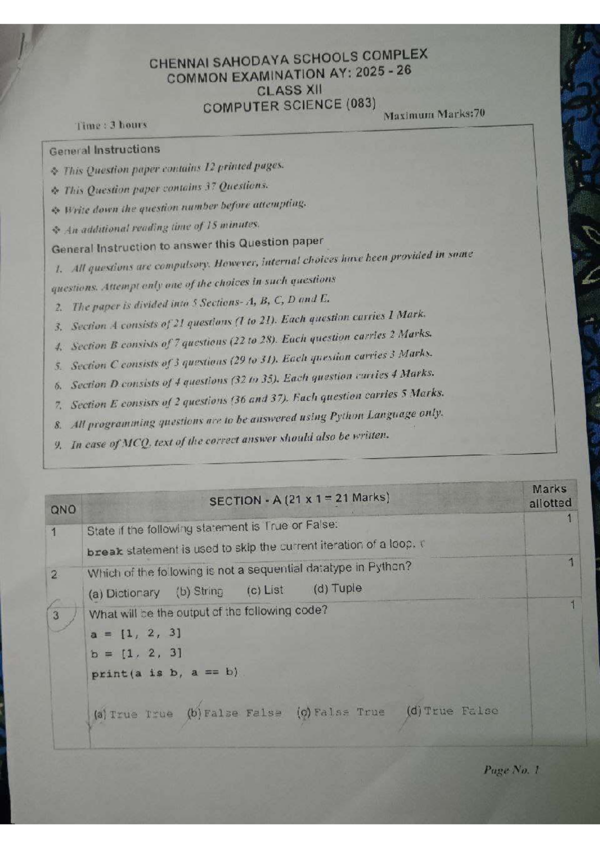 Chennai Sahodaya Class XII Computer Science (083) Common Exam Paper ...