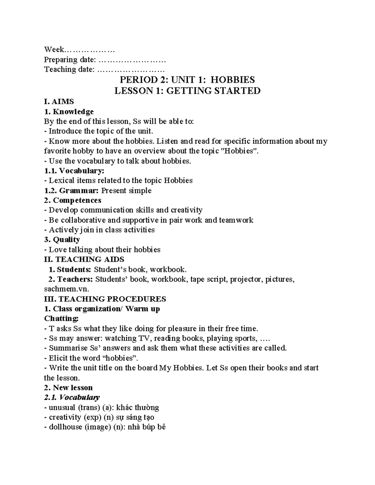 Unit 1: Hobbies - Lesson Plans for 7th Grade English (Global Success 1 ...