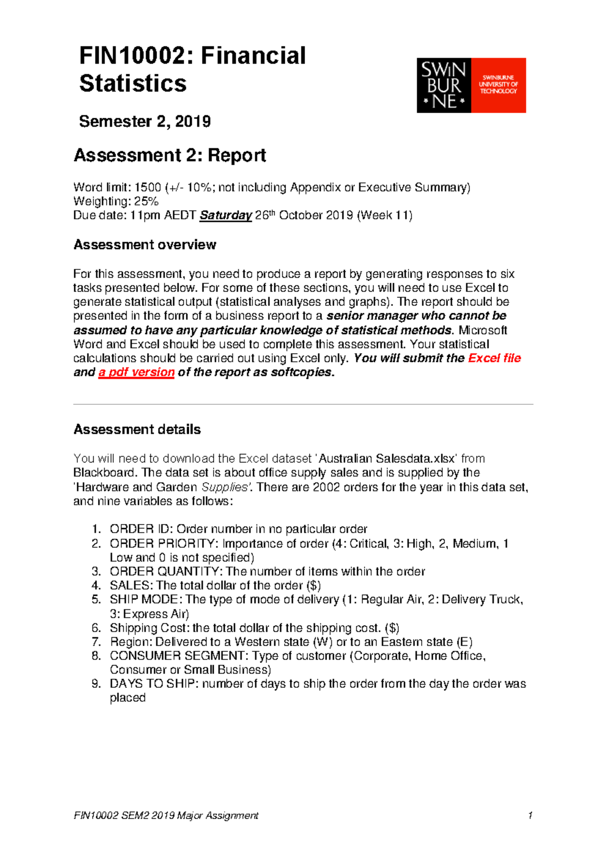 FIN10002 ON SEM2 19 Major assignment - FIN10002: Financial Statistics ...