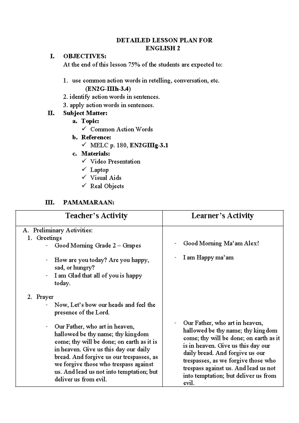 LP-ENGLISH 2: Detailed Lesson Plan on Common Action Words - Studocu