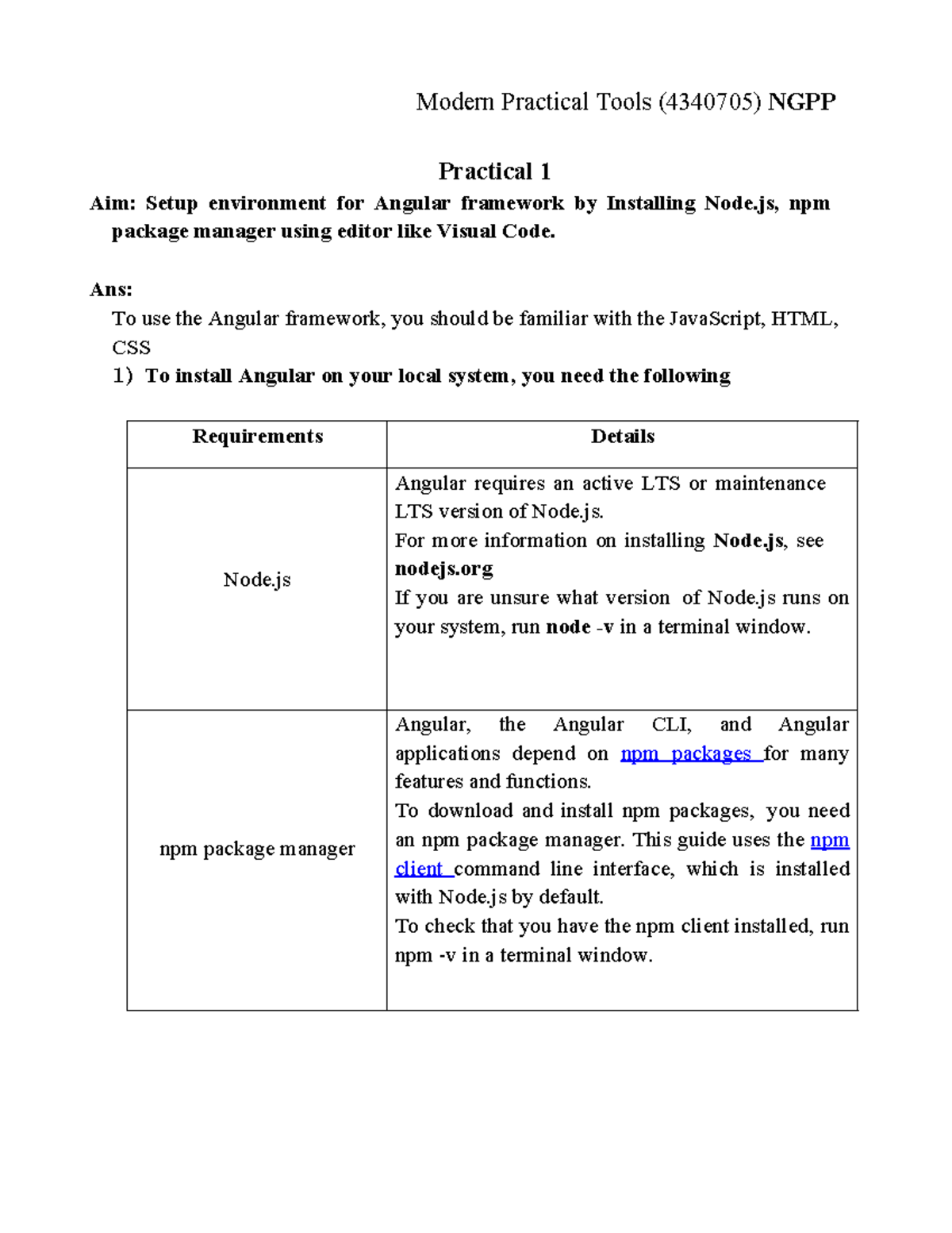 MPT Practical 1: Setting Up Angular Environment (4340705) NGPP - Studocu