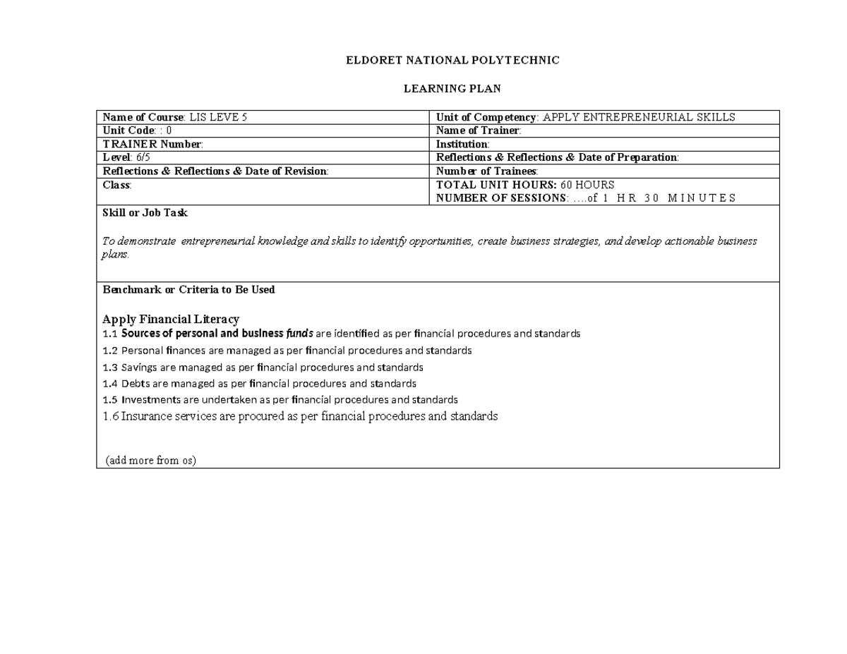 LIS LEVEL 5: Entrepreneurial Skills Learning Plan (ICTT 2025) - Studocu