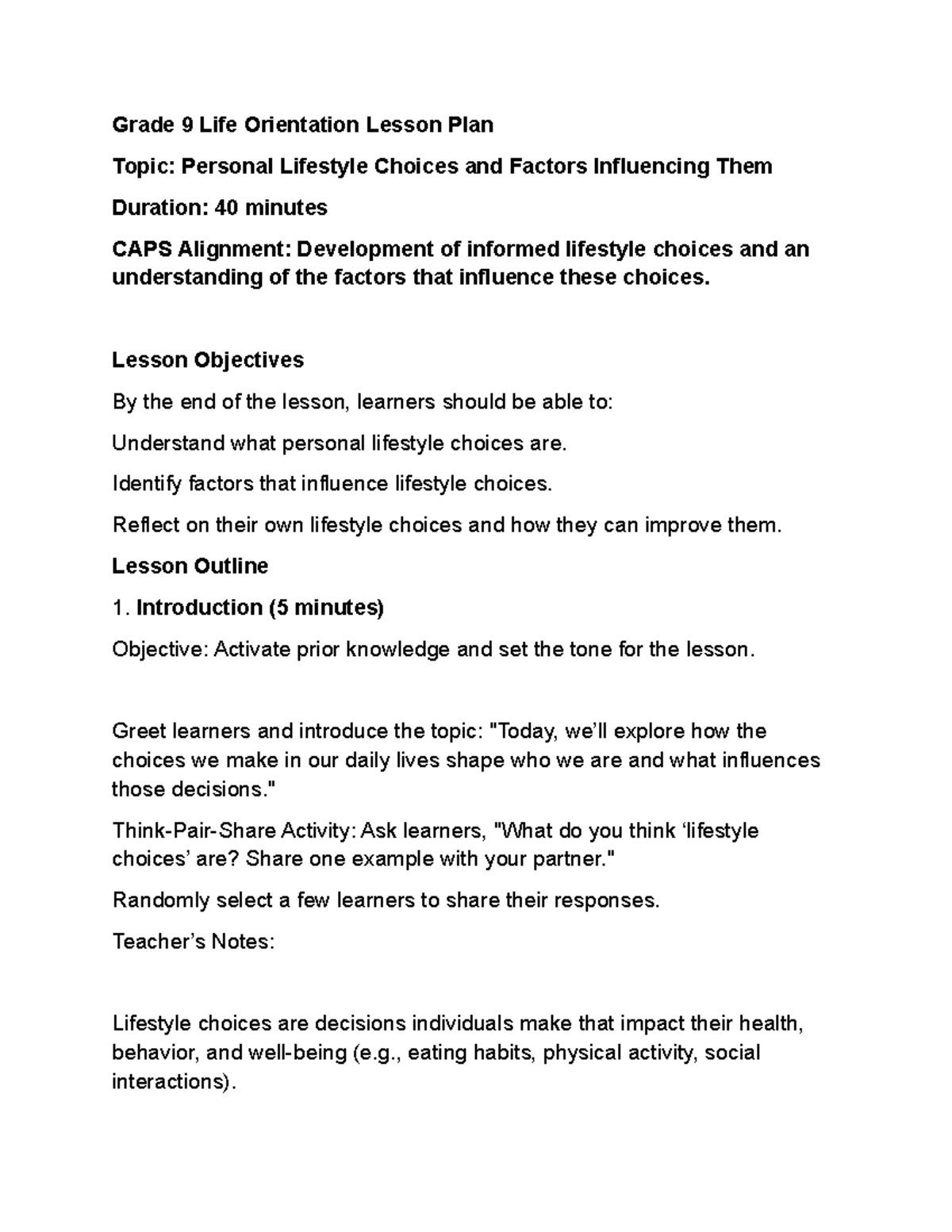 Grade 9 Life Orientation Lesson Plan: Personal Lifestyle Choices - Studocu