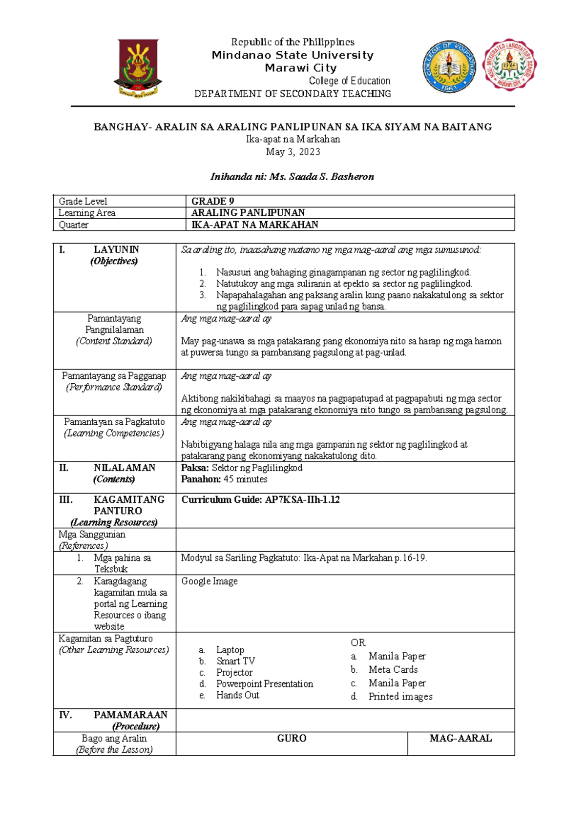 DLP Final DEMO - Demo for Araling Panlipunan - Mindanao State University Marawi City College of ...