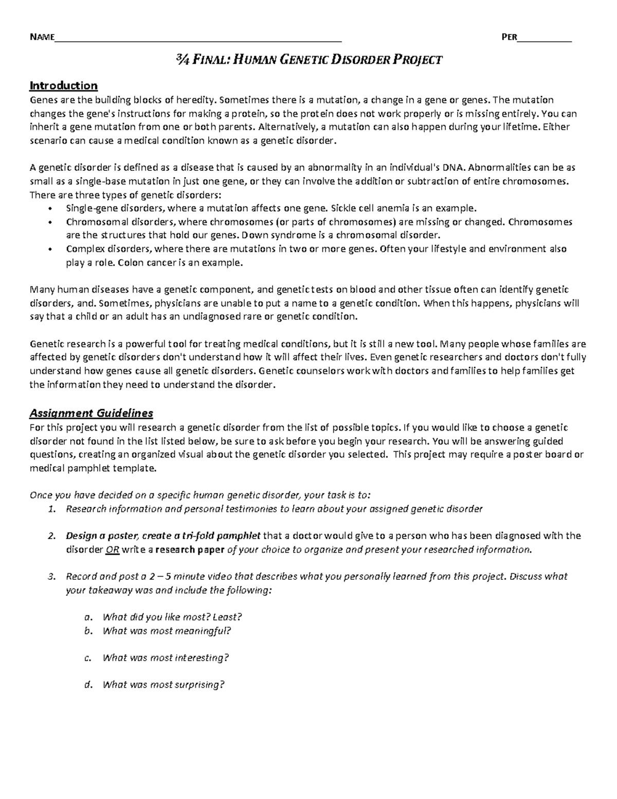 2022 23 Genetic Disorder Presentation Instructions Rubric Modified ...
