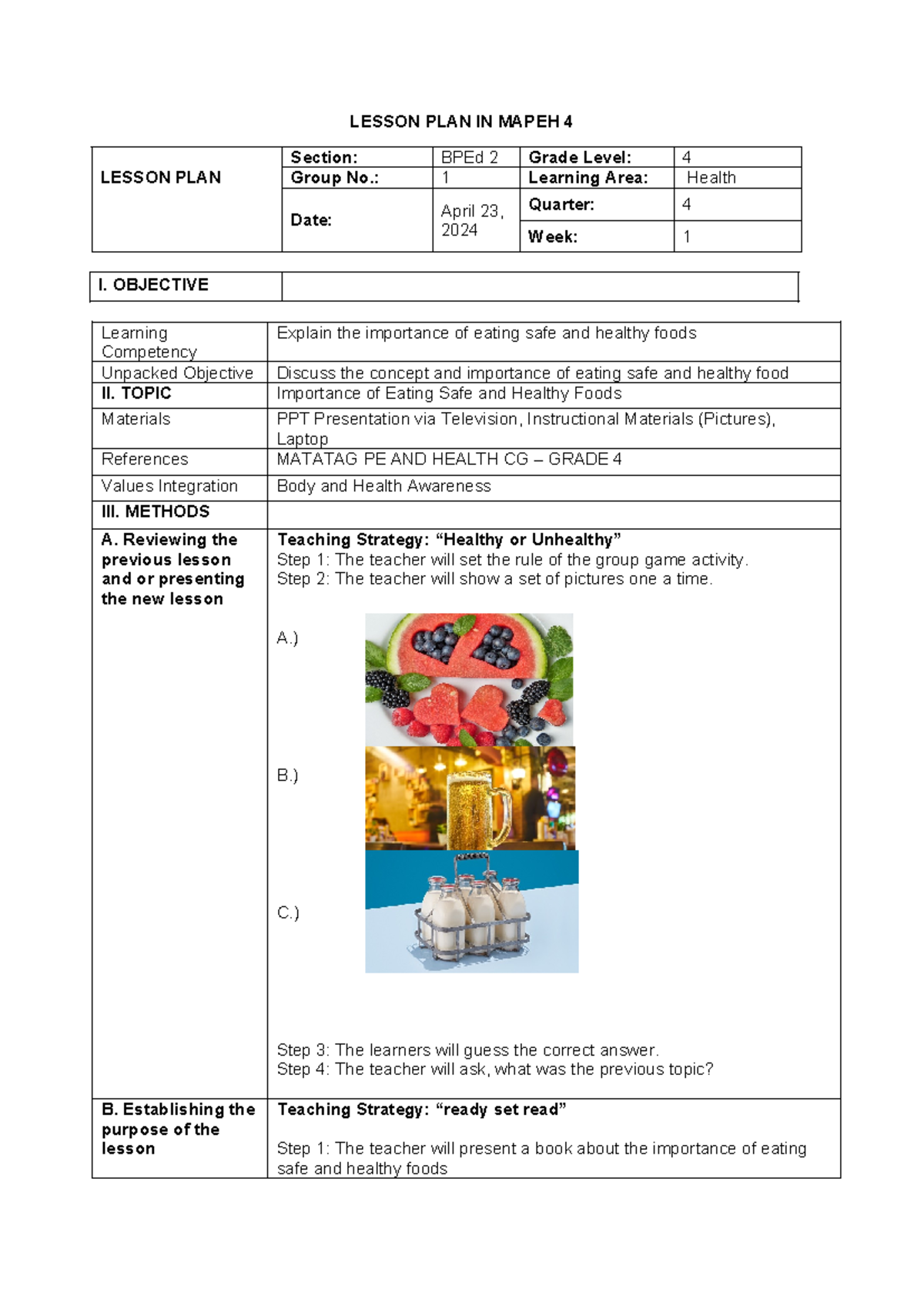 LP-PE4: Lesson Plan on Healthy Food Choices for Grade 4 Health - Studocu