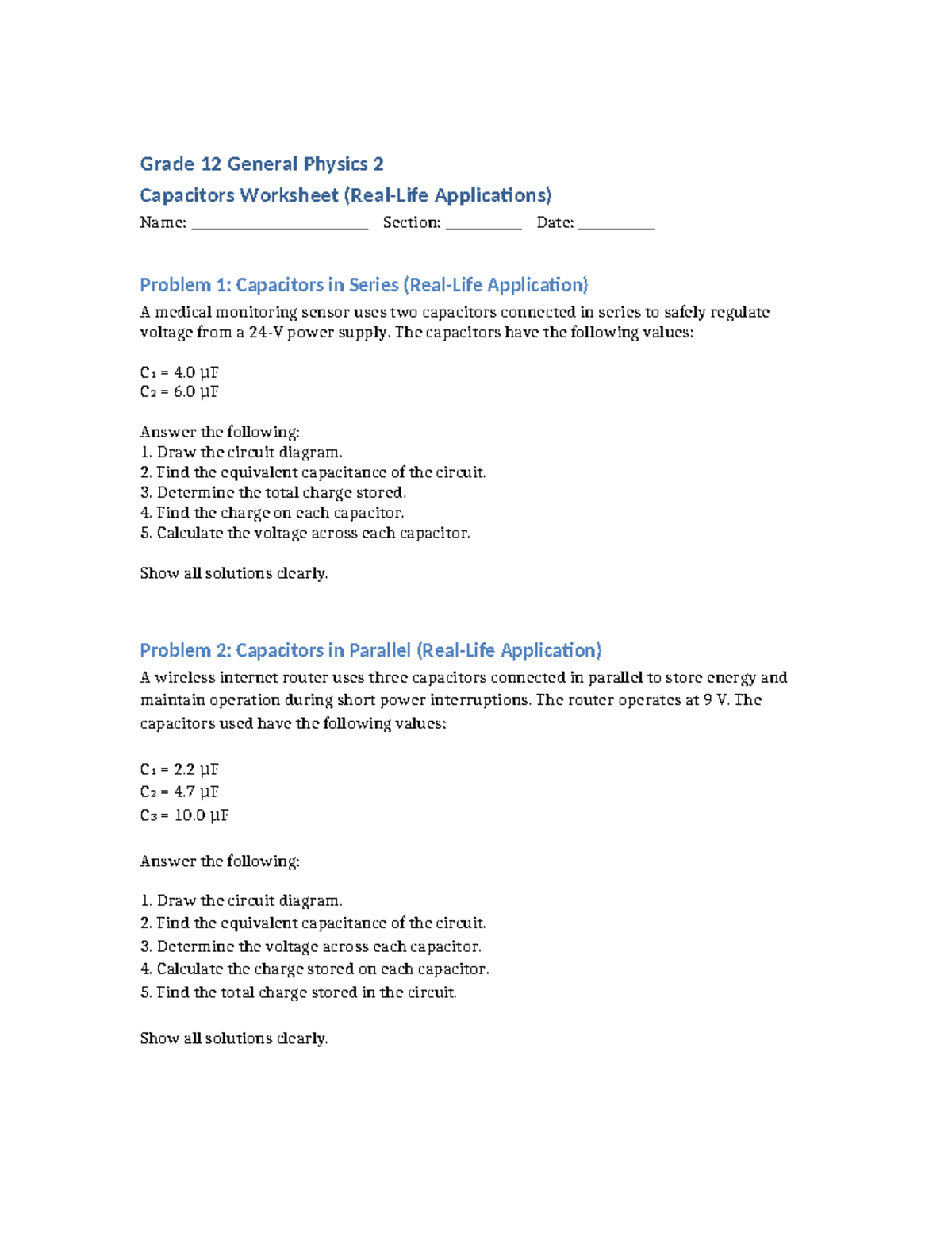 Grade 12 General Physics 2 Capacitors Series & Parallel Worksheet - Studocu
