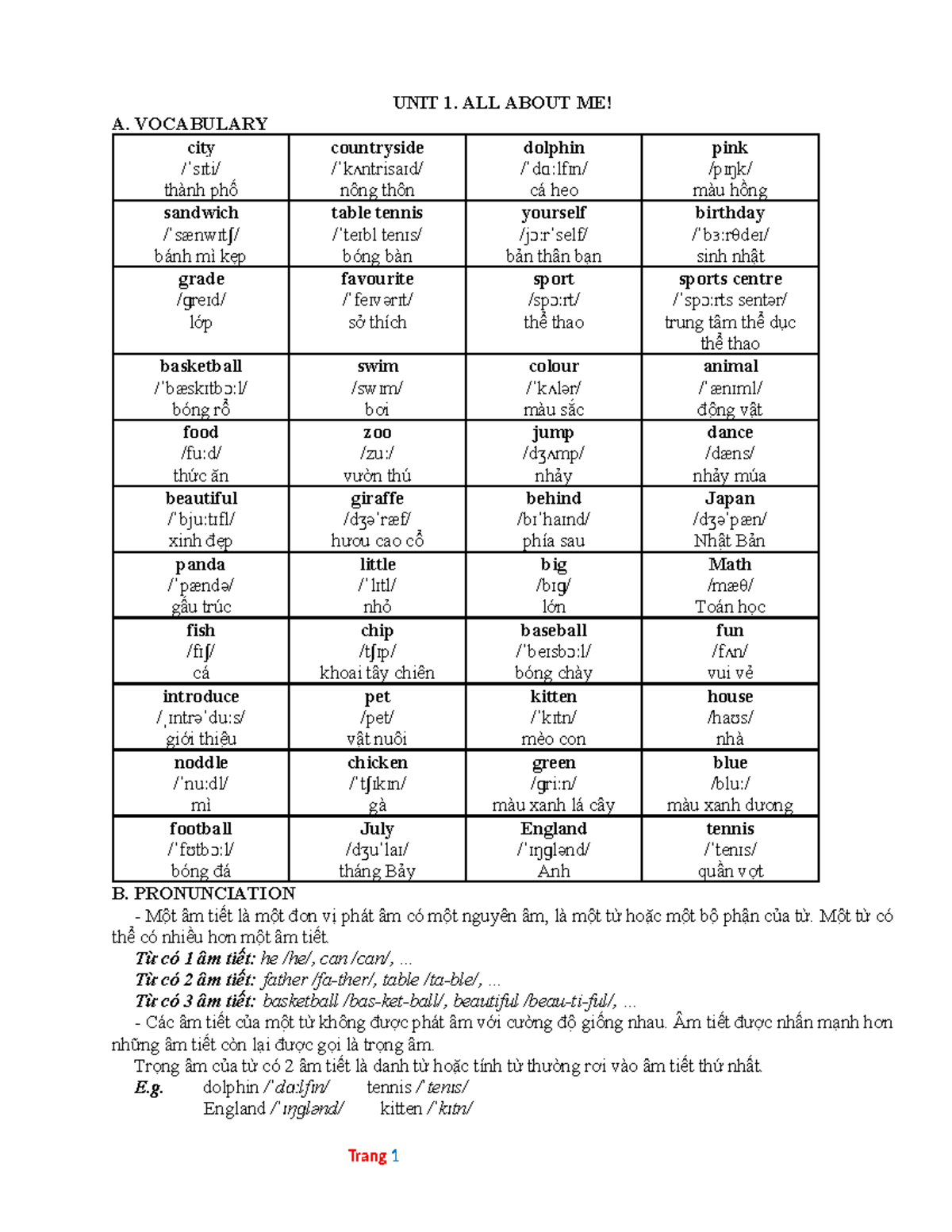 UNIT 1 - All About Me: Vocabulary, Grammar & Exercises - Studocu