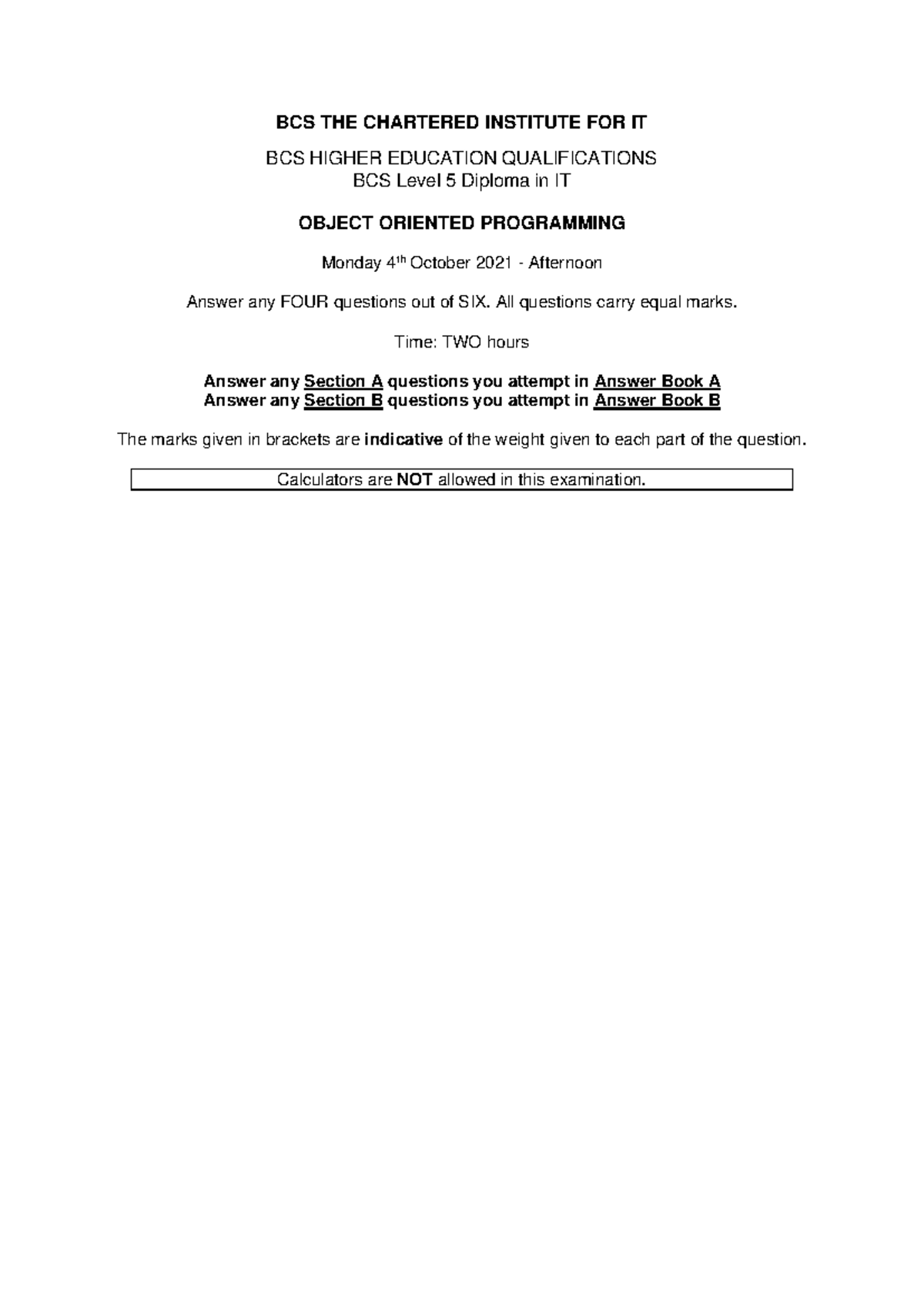 Heq oct21 dip oop - Past papers - BCS THE CHARTERED INSTITUTE FOR IT ...