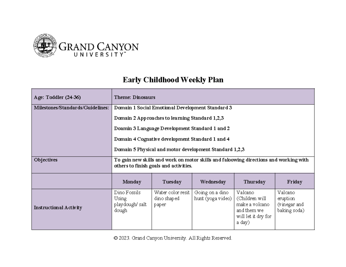 ECE-210-T7 Early Childhood Weekly Plan: Dinosaurs Theme for Toddlers ...