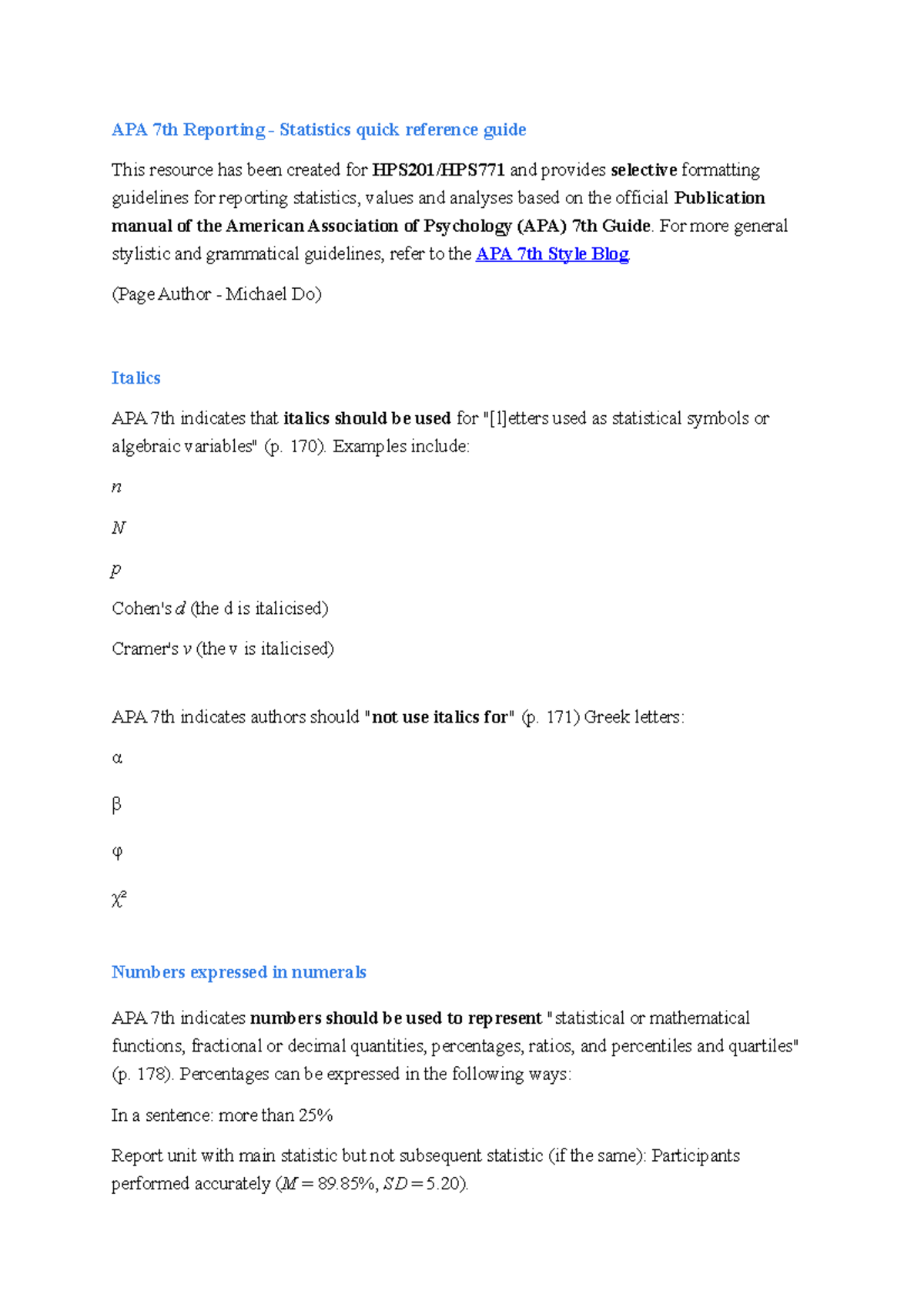 APA 7th Reporting - Statistics quick reference guide - HPS201 - Deakin ...