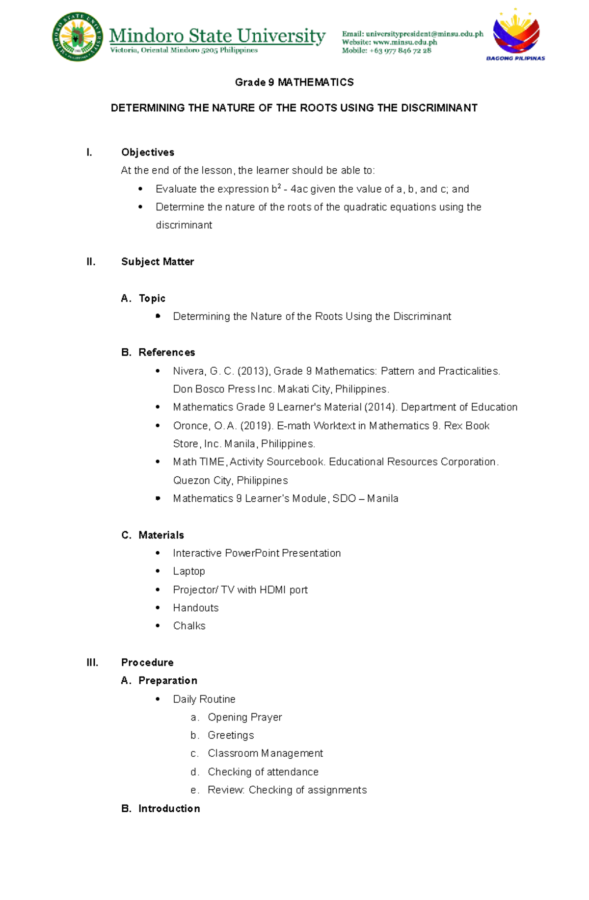Grade 9 Math Lesson Plan: Discriminant and Roots Analysis - Studocu