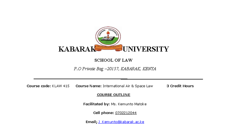 KLAW 415 - International Air & Space Law Course Outline - Studocu