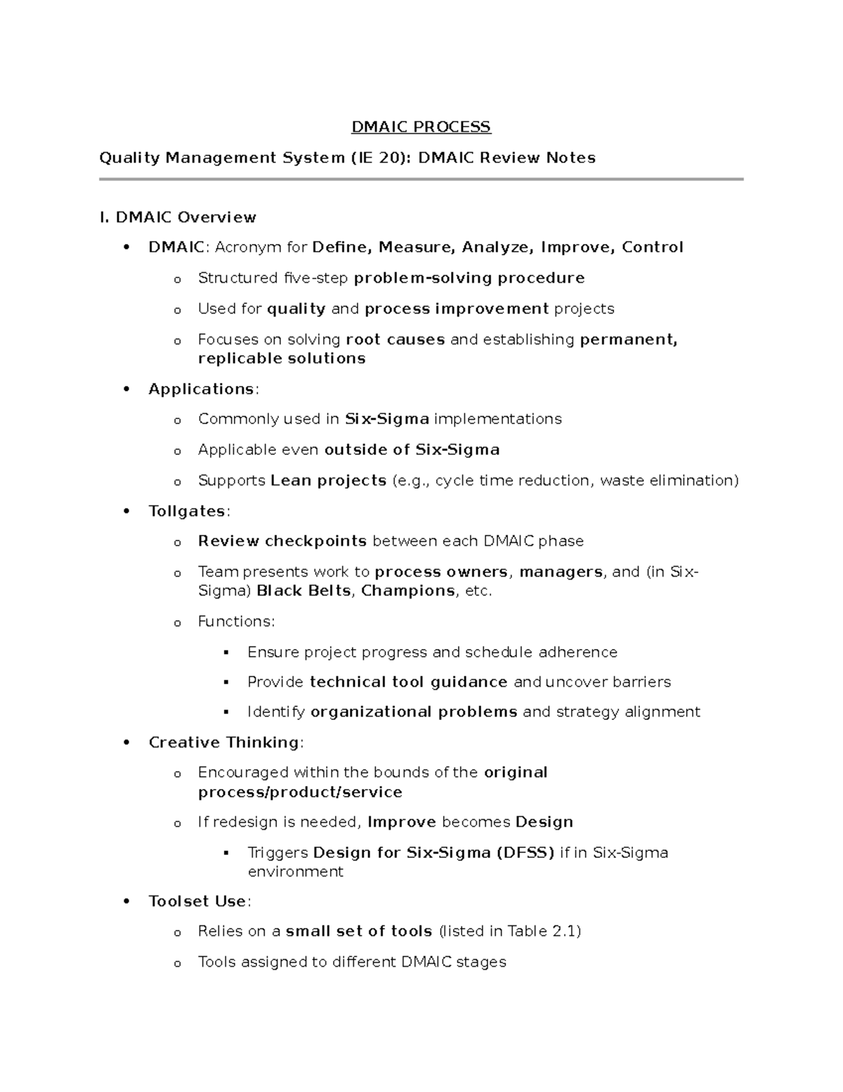 DMAIC Process Overview: SIPOC, FMEA, and VSM Review Notes (IE 20) - Studocu