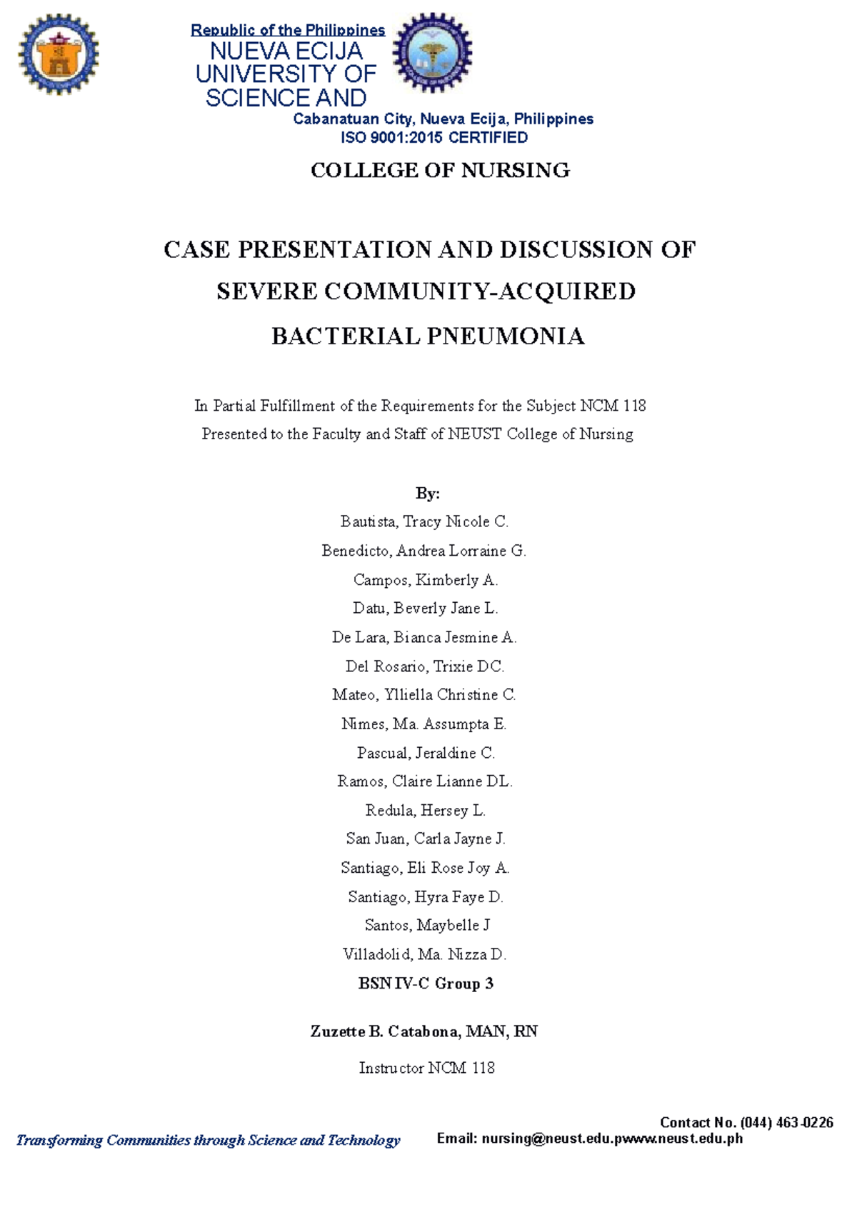 NCM 118 Group Case Study: Severe Community-Acquired Pneumonia - Studocu