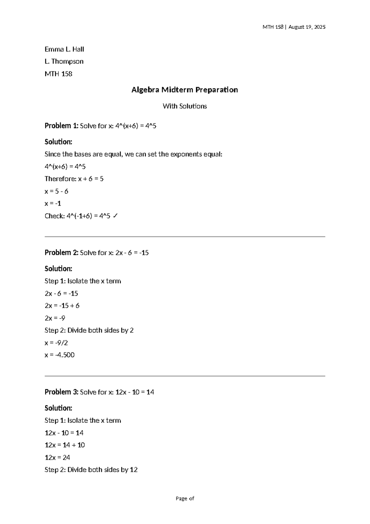MTH 158 Algebra Midterm Prep: Solutions & Problem Breakdown - Studocu