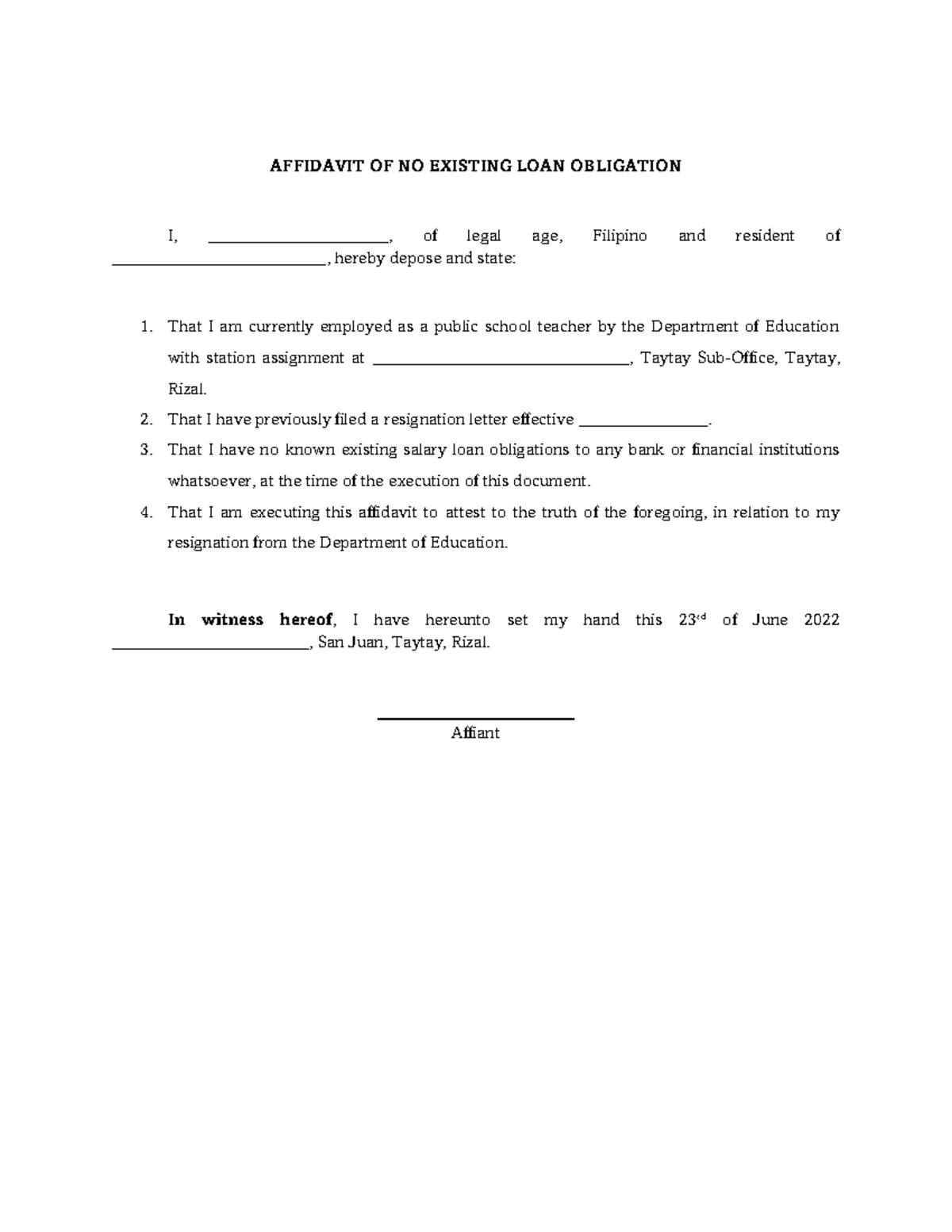 Affidavit of No Existing Loan Obligation for Resignation Process - Studocu