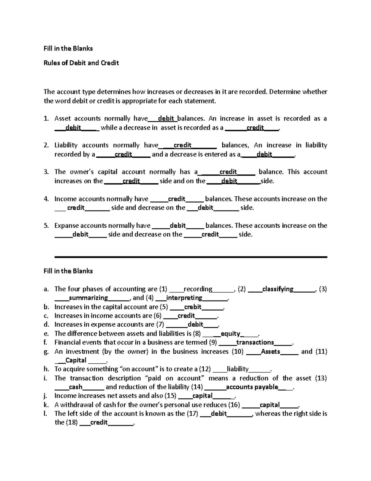 Rules of Debit and Credit - Fill in the Blanks Rules of Debit and ...