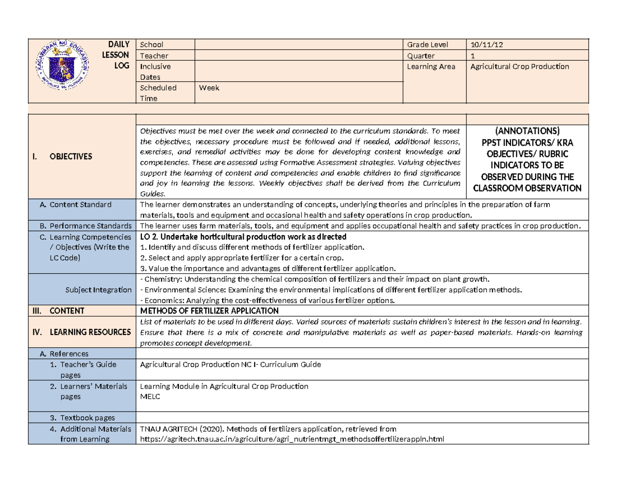 DAILY LESSON LOG: Agricultural Crop Production (DLP ACP 10 COT) - Studocu
