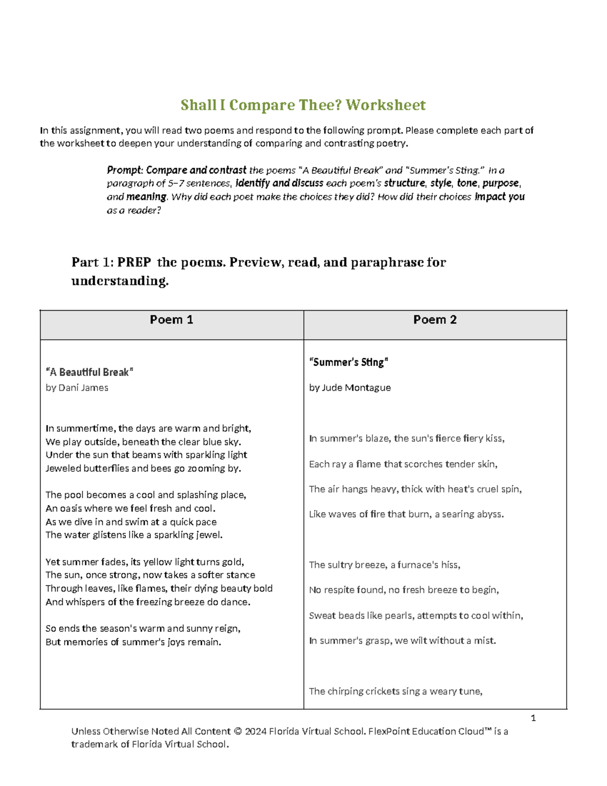 Shall I Compare Thee? Poetry Comparison Worksheet (ENG 101) - Studocu