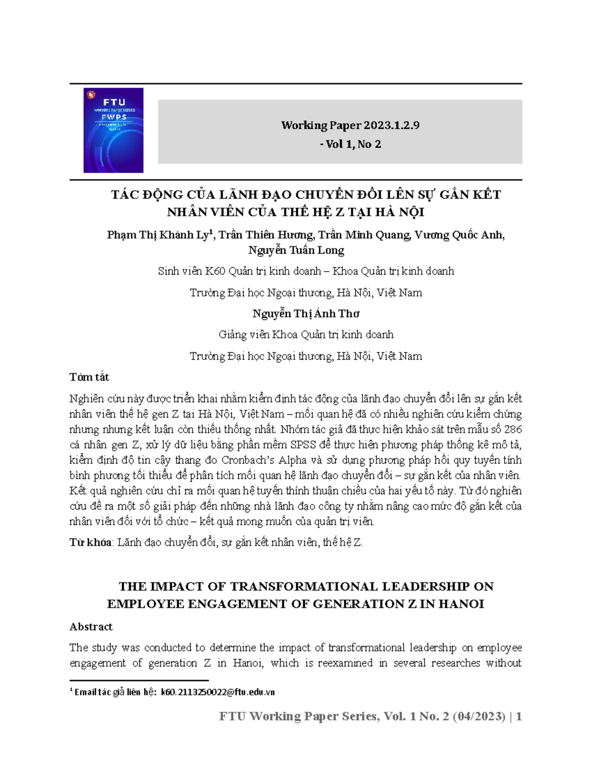 FTU Working Paper 2023.1.2.9: Impact of Transformational Leadership on ...