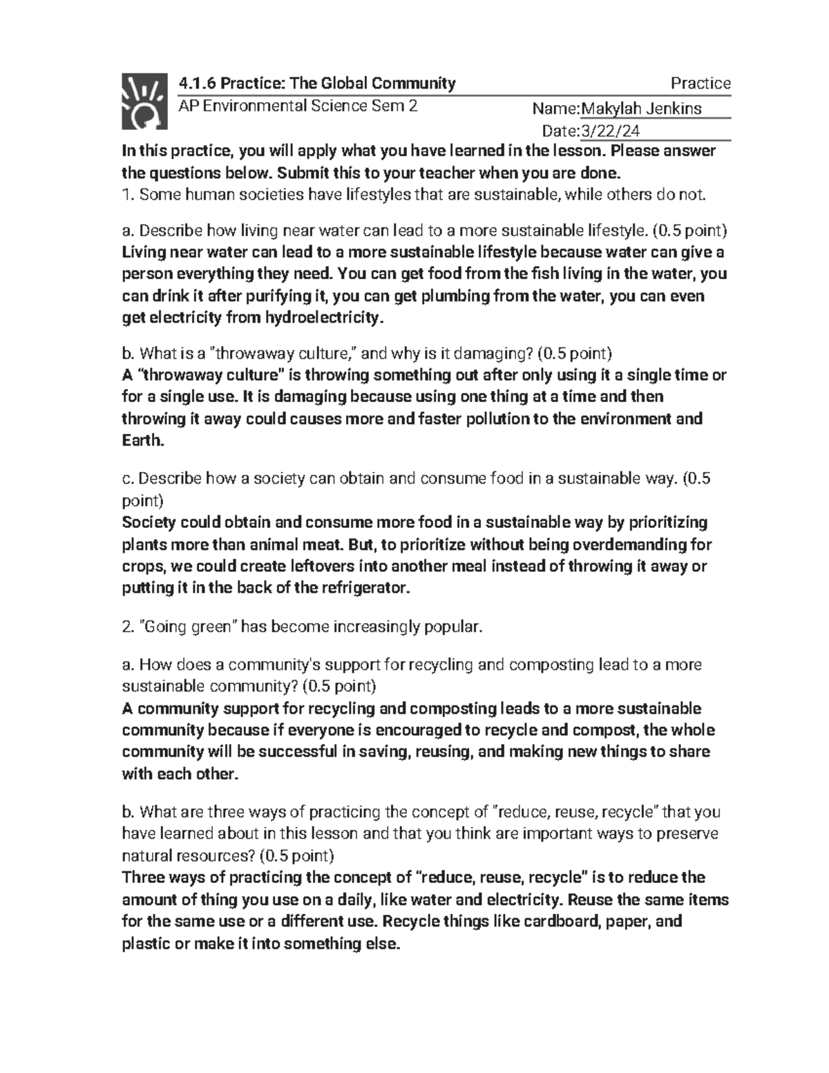 AP Environmental Science Sem 2: 4.1.6 Practice - Global Community ...