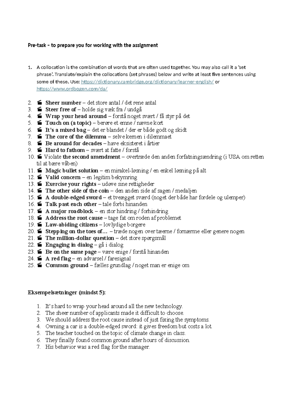 Pre-task: Collocations and Example Sentences for Assignment 😊 - Studocu