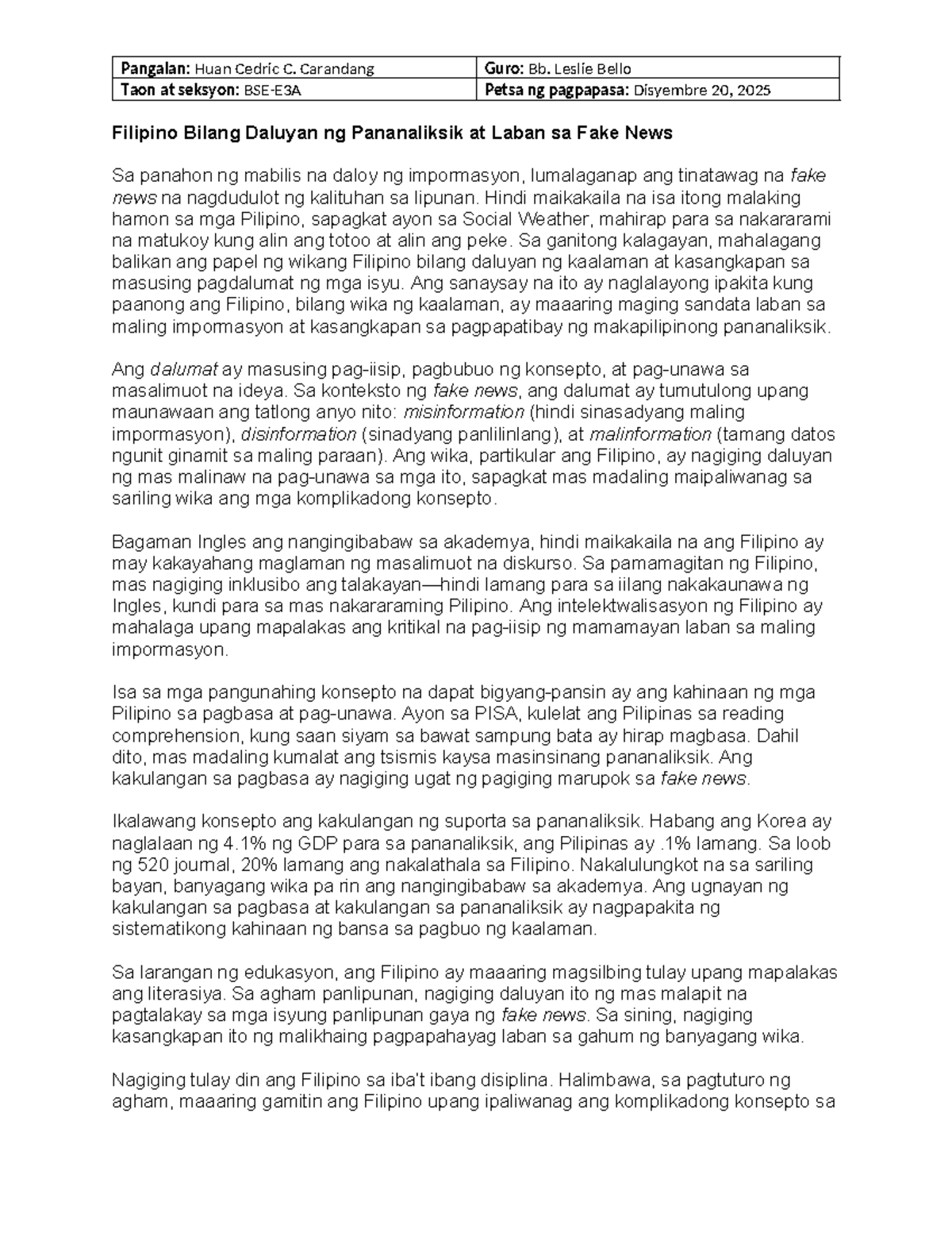 Filipino Bilang Sandata Laban sa Fake News: Isang Pananaliksik - Studocu