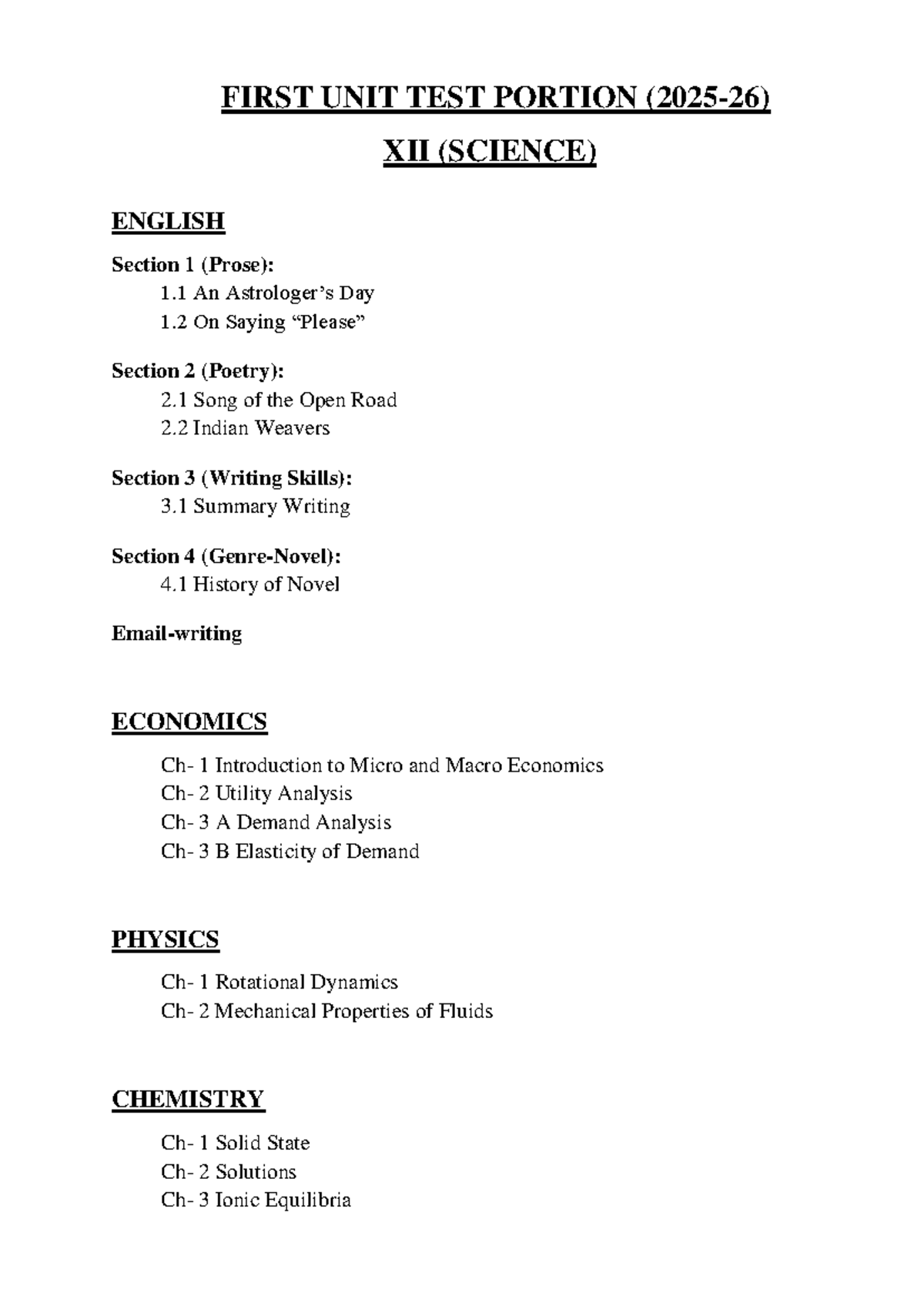 STD XII Science First Unit Test Portion (2025-26) - Studocu