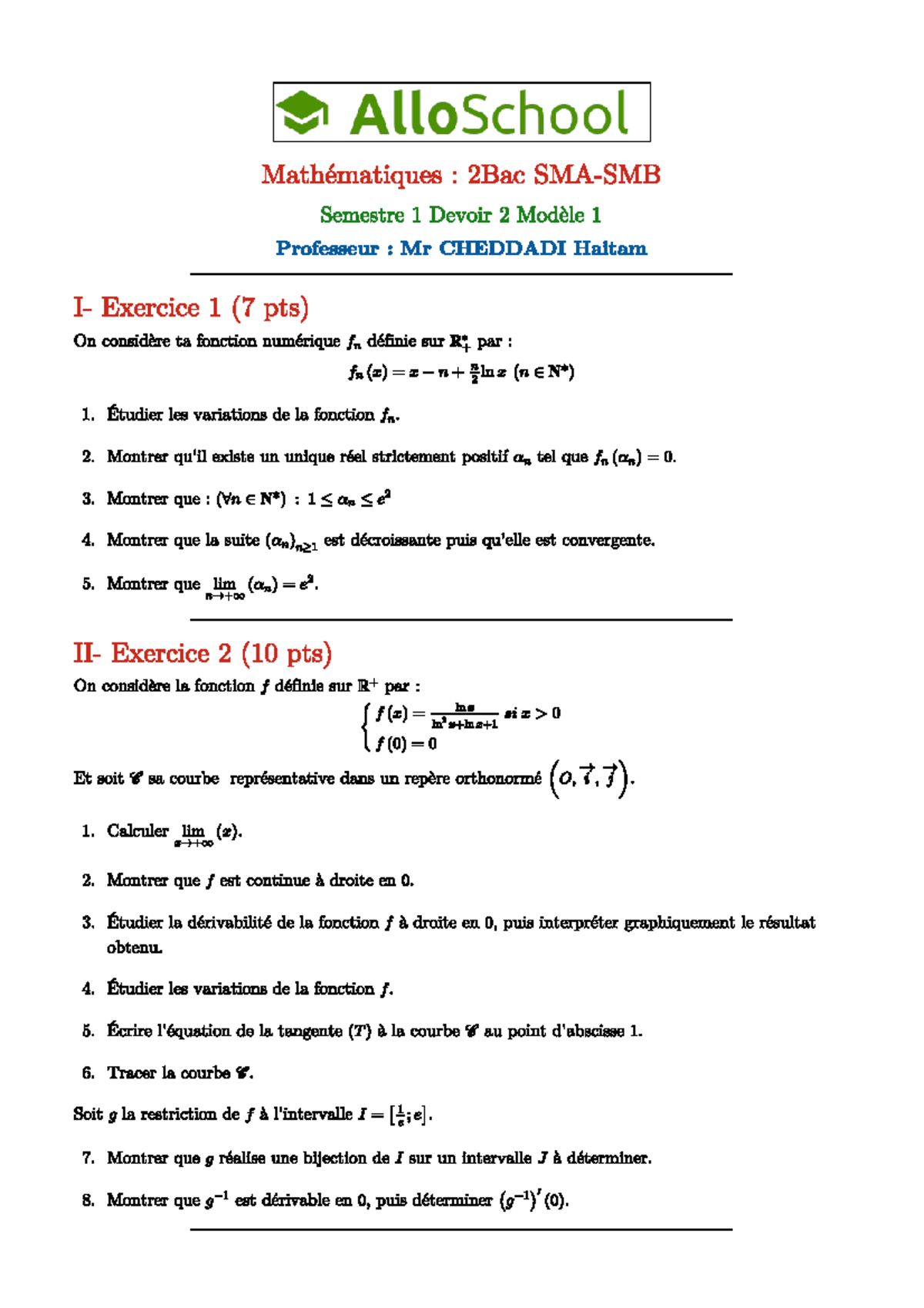 Maths 2BAC SM Sem 1: Devoir 2 Modèle 1 & 2 Review - Studocu