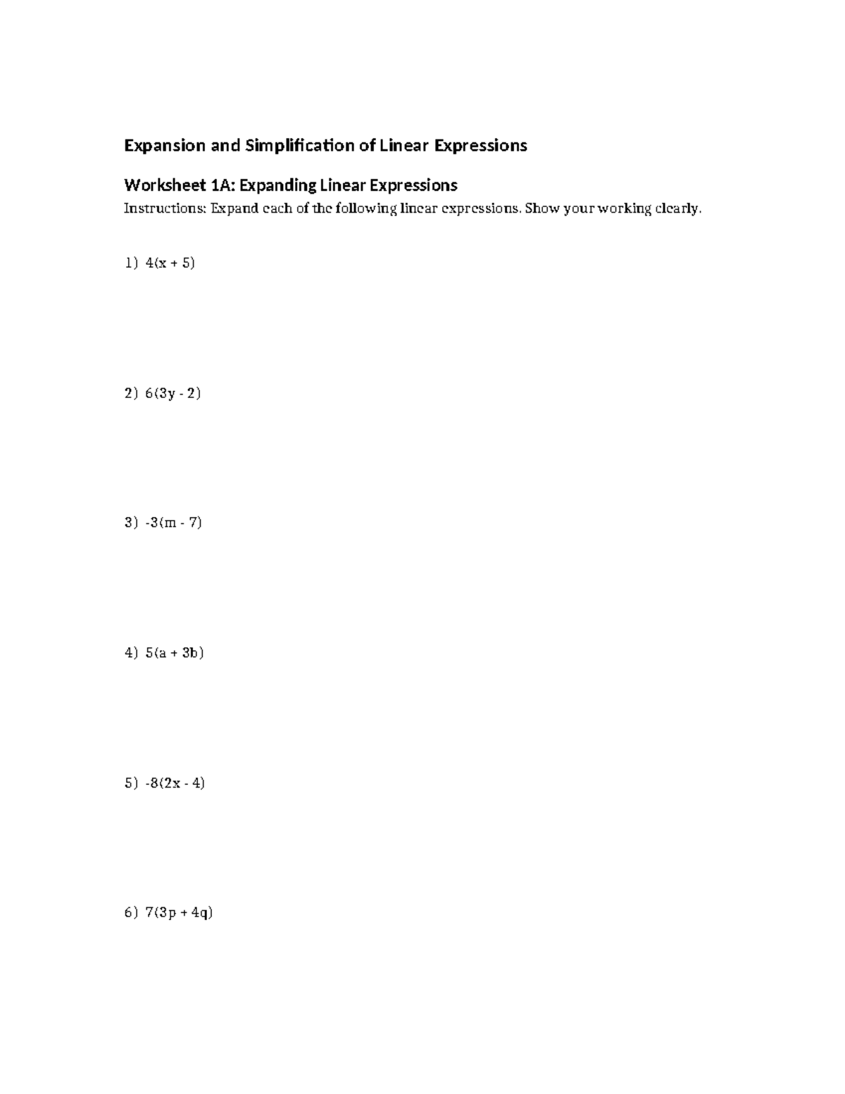 Expansion & Simplification of Linear Expressions Worksheet 1A & 2A/2B ...