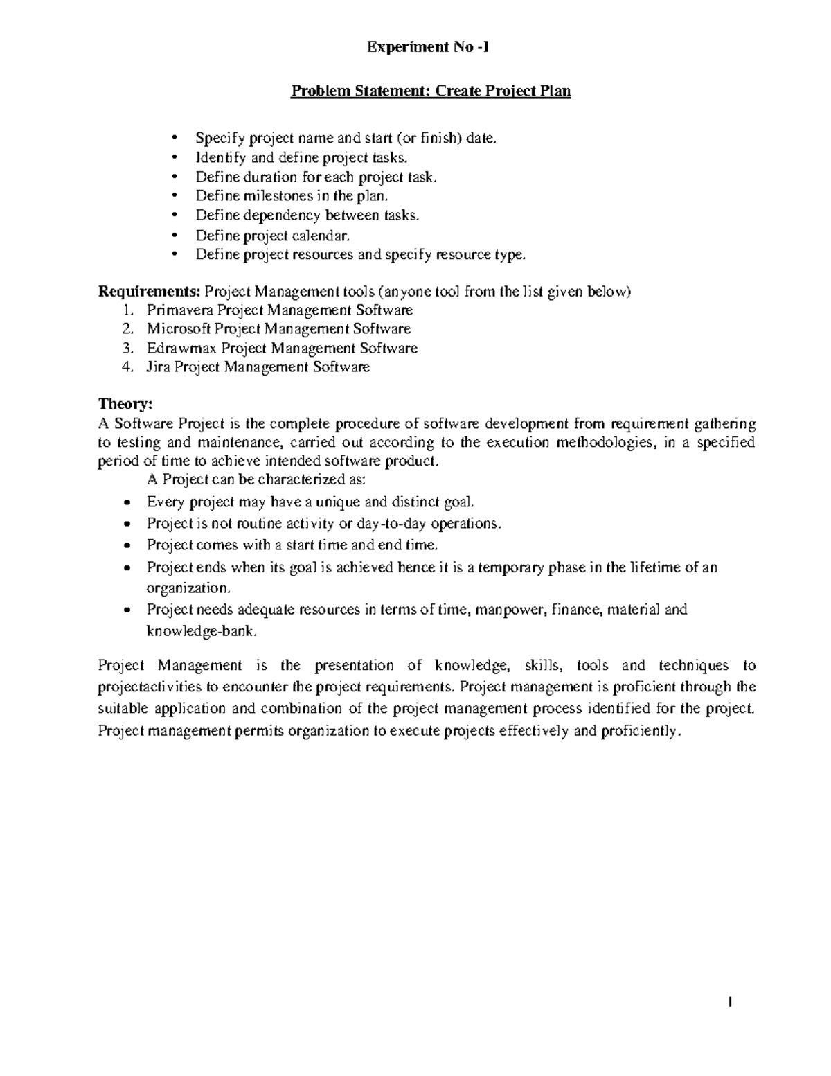 Project Management Plan: Experiment No 1 Overview and Guidelines - Studocu