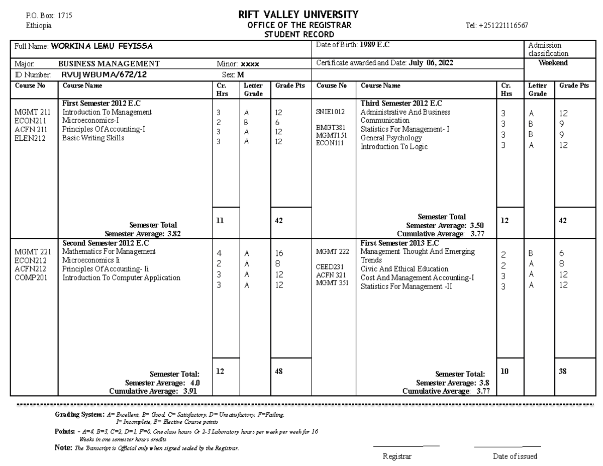 Official Transcript - Workina Lemu Feyissa - RVUJWBUMA/672/12 - Studocu