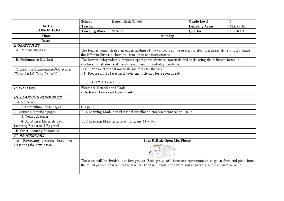 DAILY LESSON LOG (DLL) for TLE 7: Electrical Tools & Equipment - Studocu